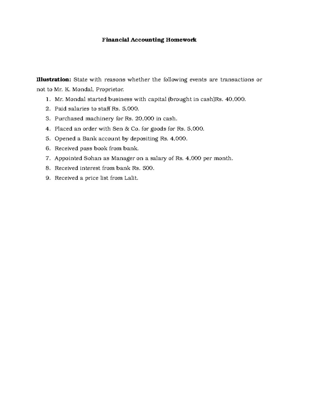 Financial Accounting Homework - K. Mondal, Proprietor. 1. Mr. Mondal ...