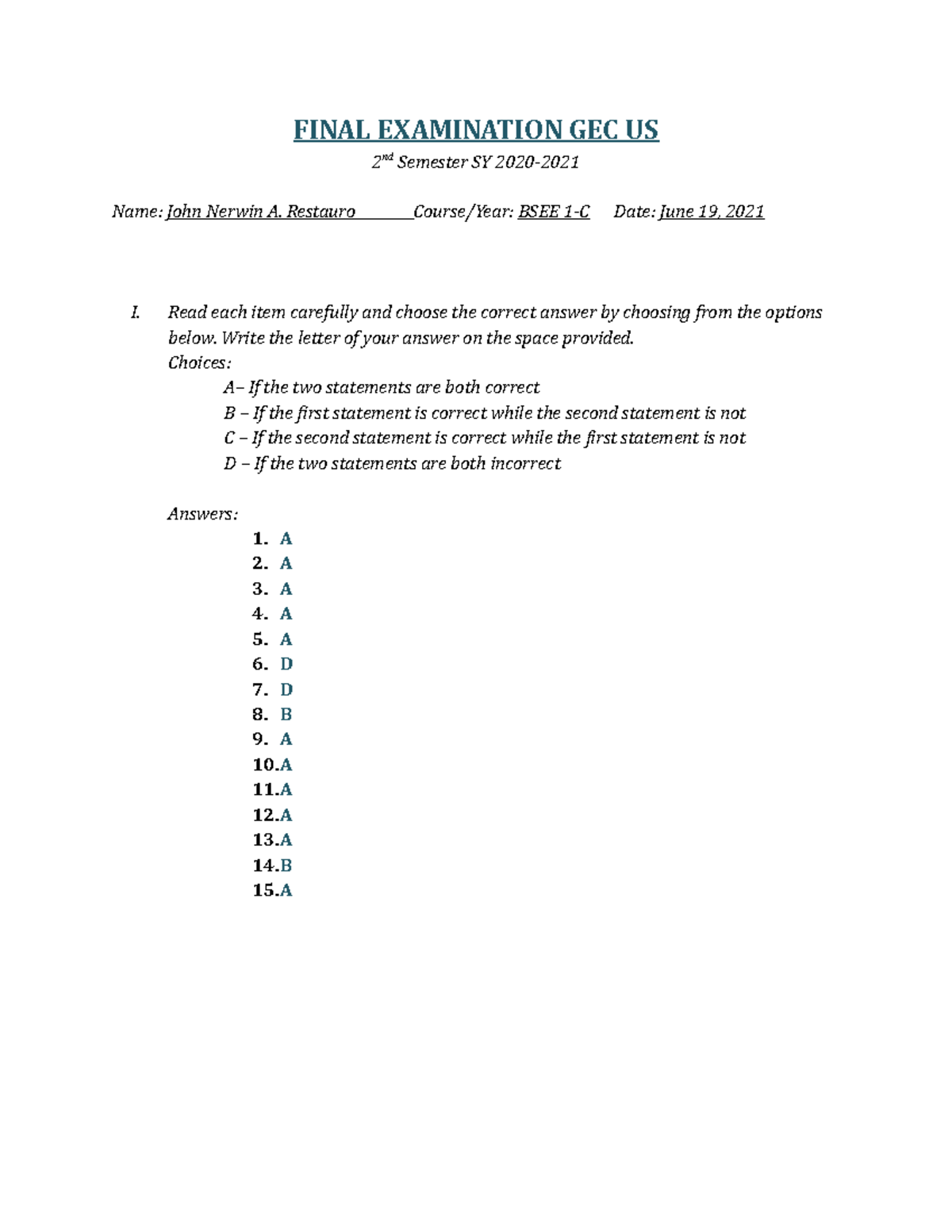 Gec us Final Examination - FINAL EXAMINATION GEC US 2 nd Semester SY ...