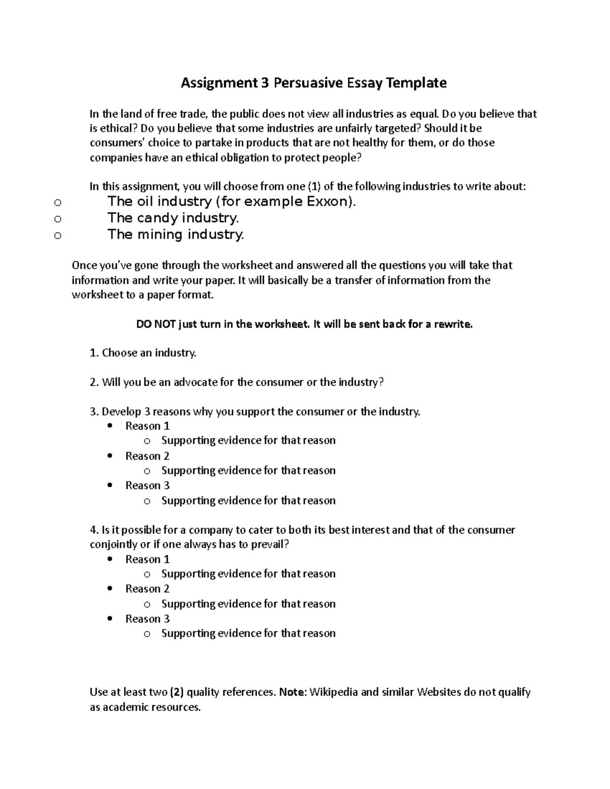 Assignment 3 Template fall 2020 - Assignment 3 Persuasive Essay ...