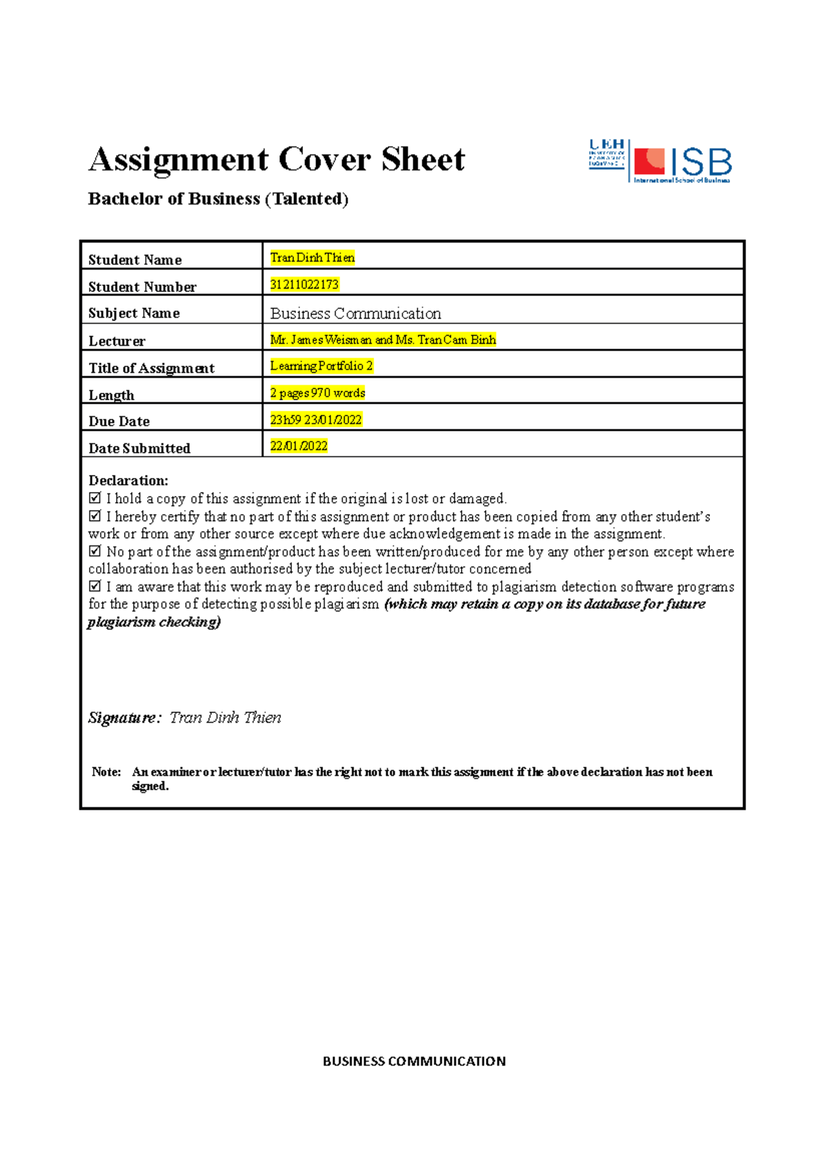 LP2 31211022173 Tran Dinh Thien BC7 - Assignment Cover Sheet Bachelor ...