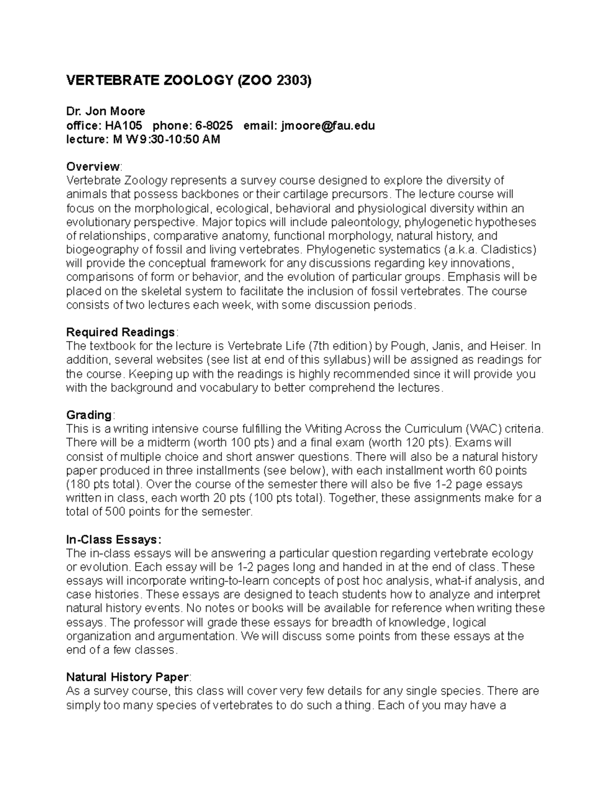 Vertebrate ZOOLOGY NATSCI 2 - VERTEBRATE ZOOLOGY (ZOO 2303) Dr. Jon ...