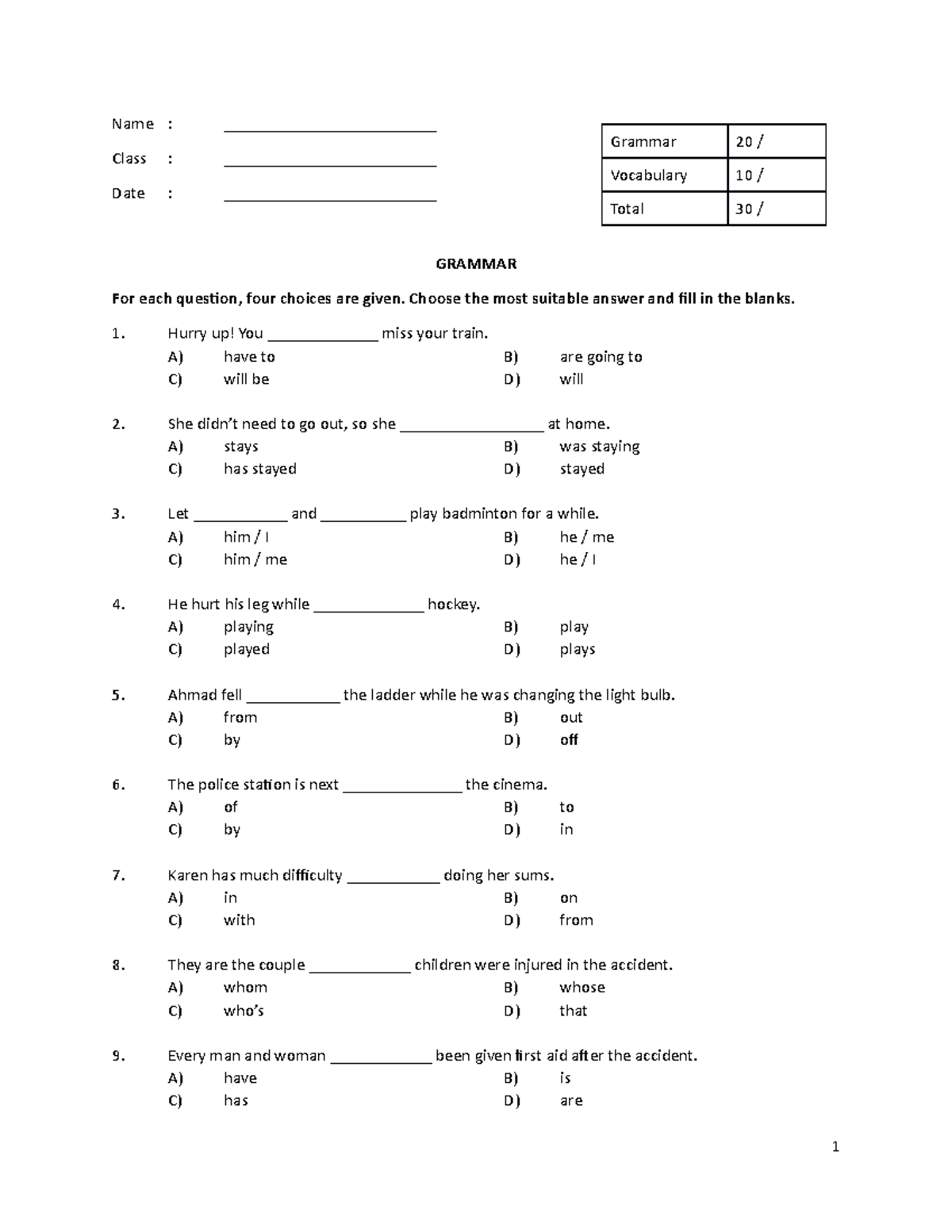 Grammar Practice 5 - Name : _________________________ Class ...