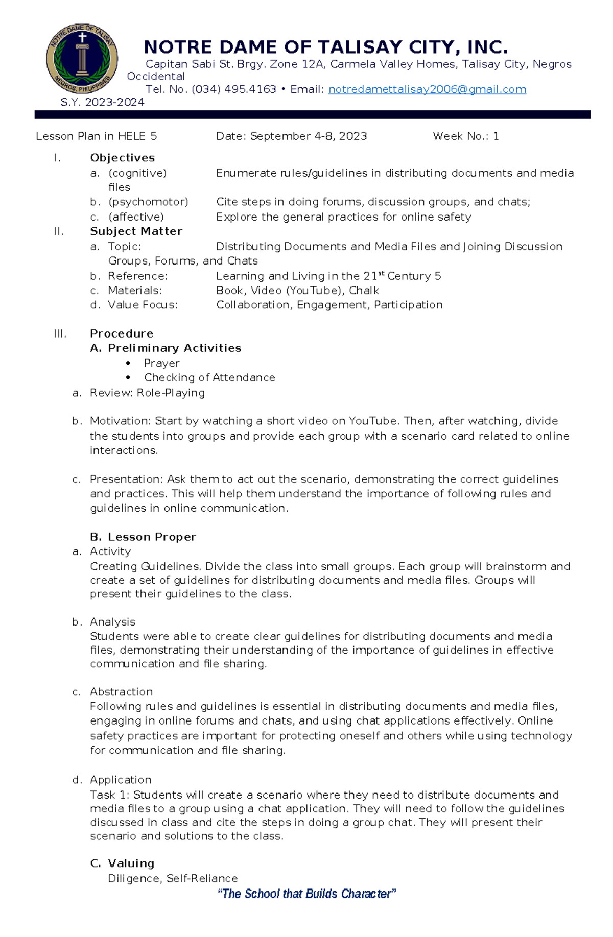 HELE 5 Lesson PLAN - NOTRE DAME OF TALISAY CITY, INC. Capitan Sabi St ...