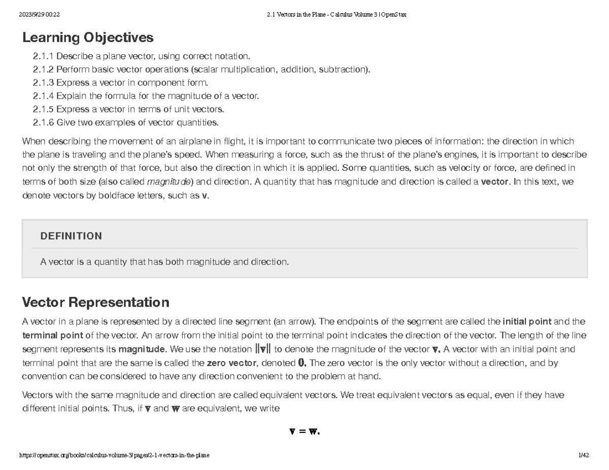 2.1 Vectors in the Plane - Calculus Volume 3 Open Stax - Learning Objectives 2.1 Describe a ...