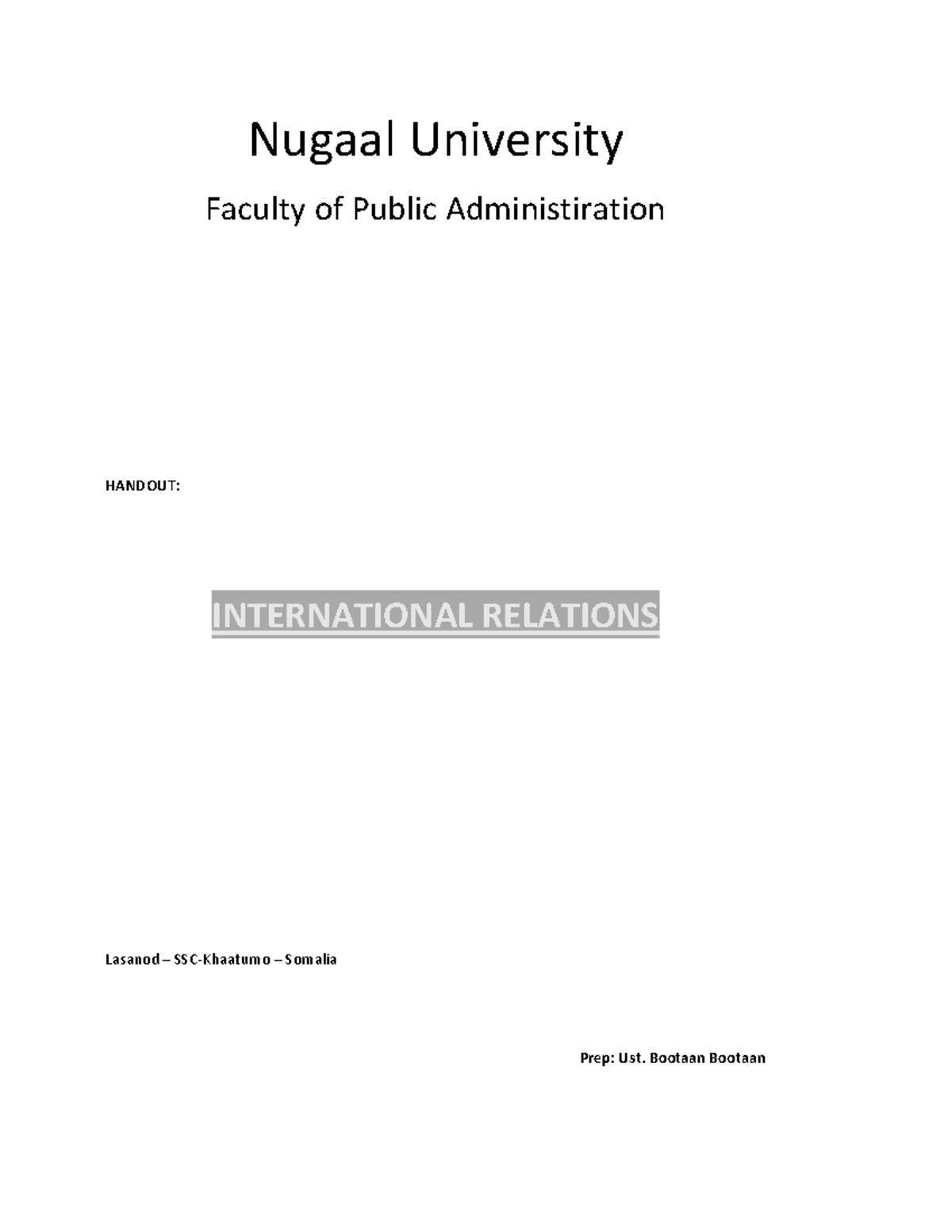 International Relations 1 - Nugaal University Faculty of Public ...