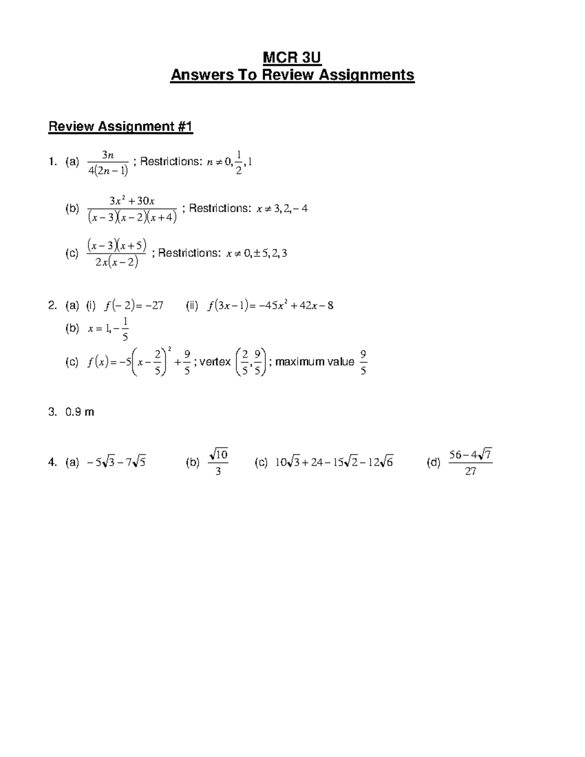 MCR3U1 Answers To Review Assignments 123 - MCR 3U Answers To Review Assignments Review ...