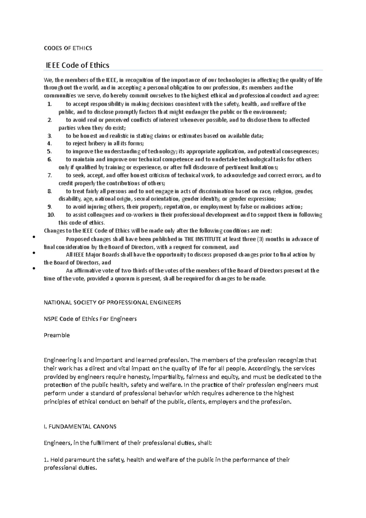 Codes of ethicschd swg - CODES OF ETHICS IEEE Code of Ethics We, the ...