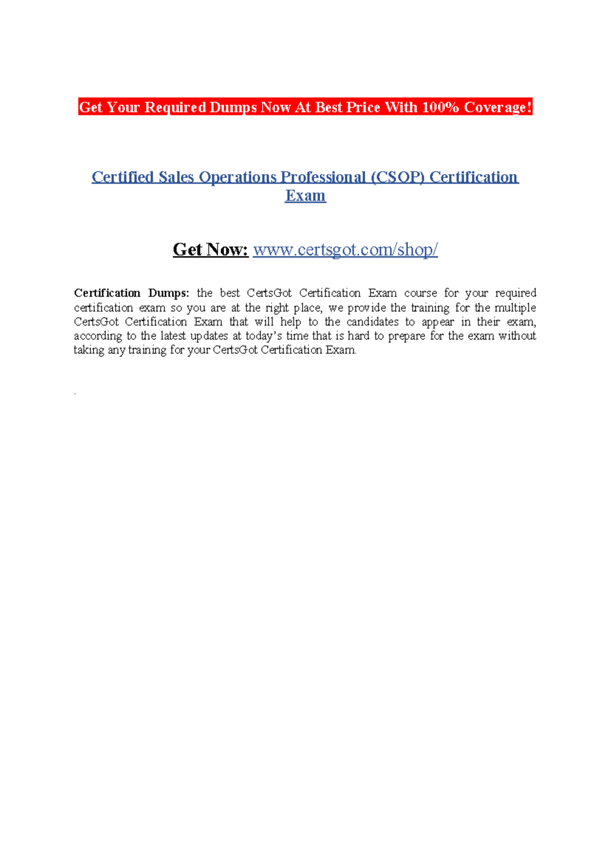 Certified Sales Operations Professional (CSOP) Certification Exam - Get Your Required Dumps Now ...