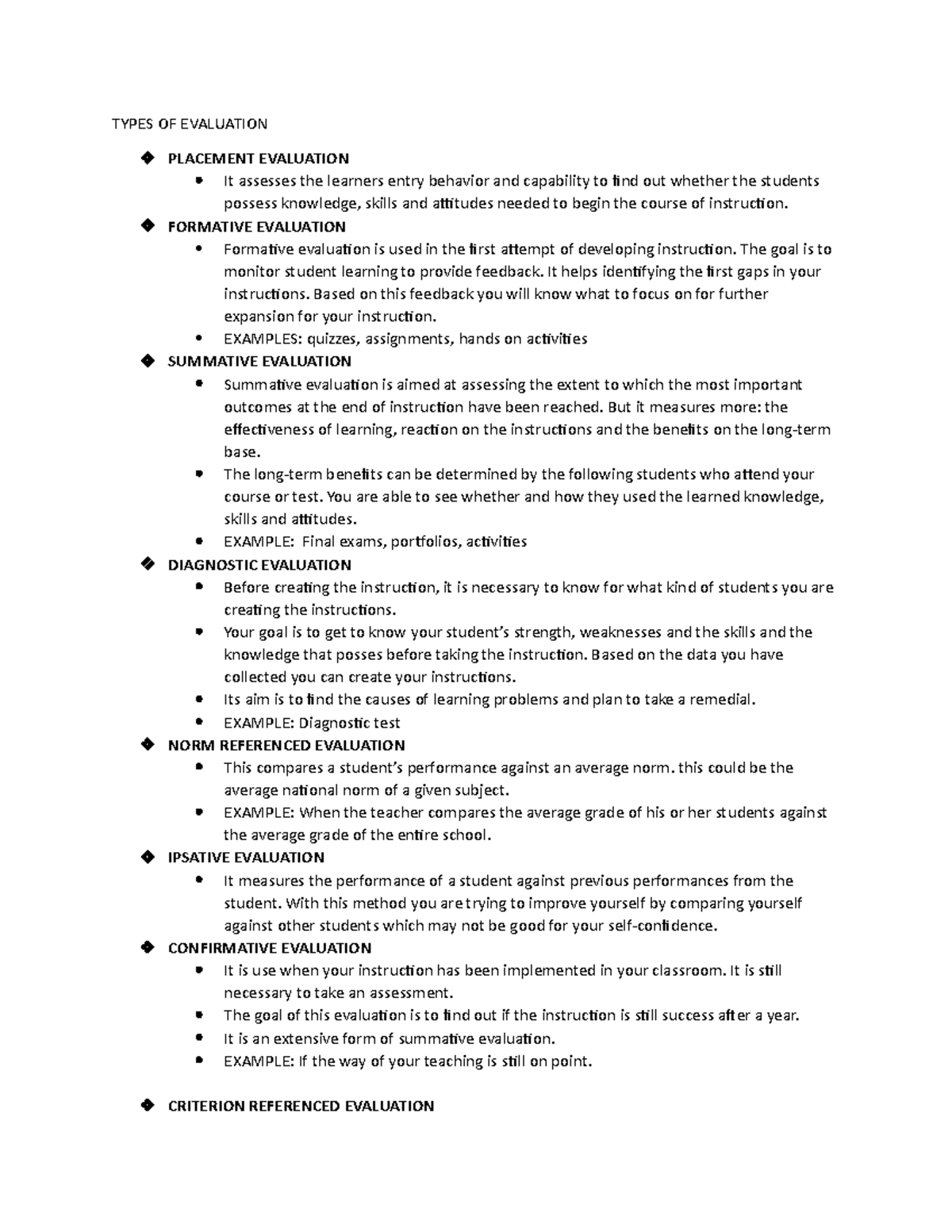 Types OF Evaluation TO HELP TYPES OF EVALUATION PLACEMENT