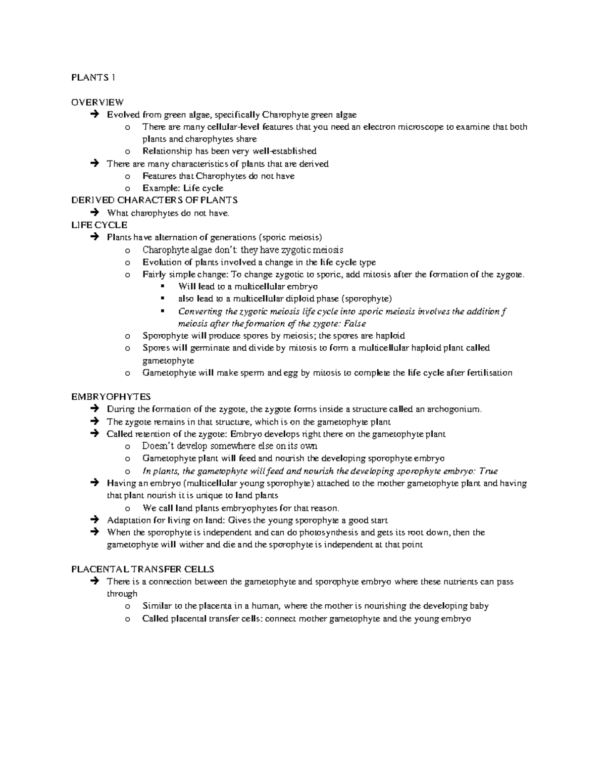 Plants Notes - sdkfjdks - PLANTS 1 OVERVIEW Evolved from green algae ...