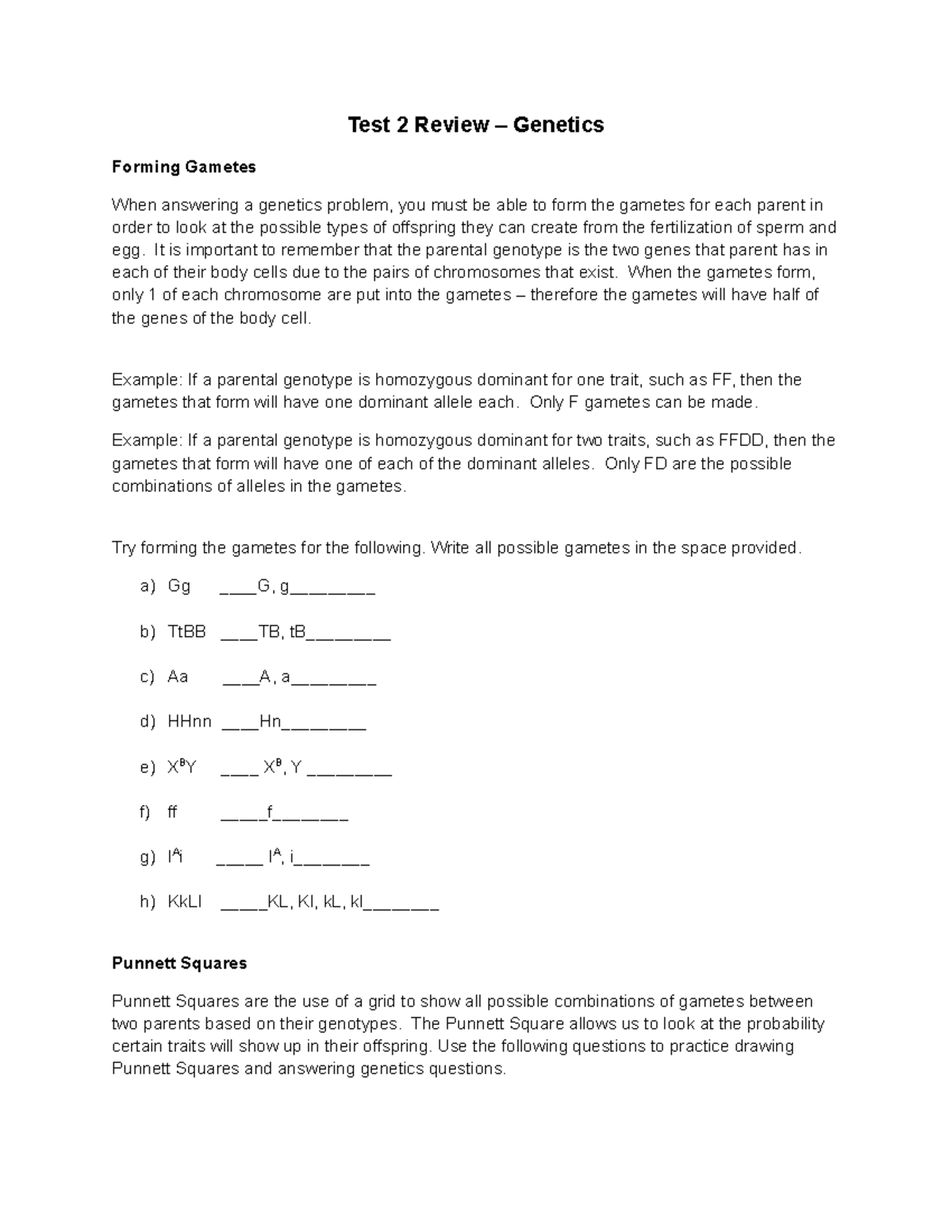 Test Review 2018, answers - Test 2 Review – Genetics Forming Gametes ...