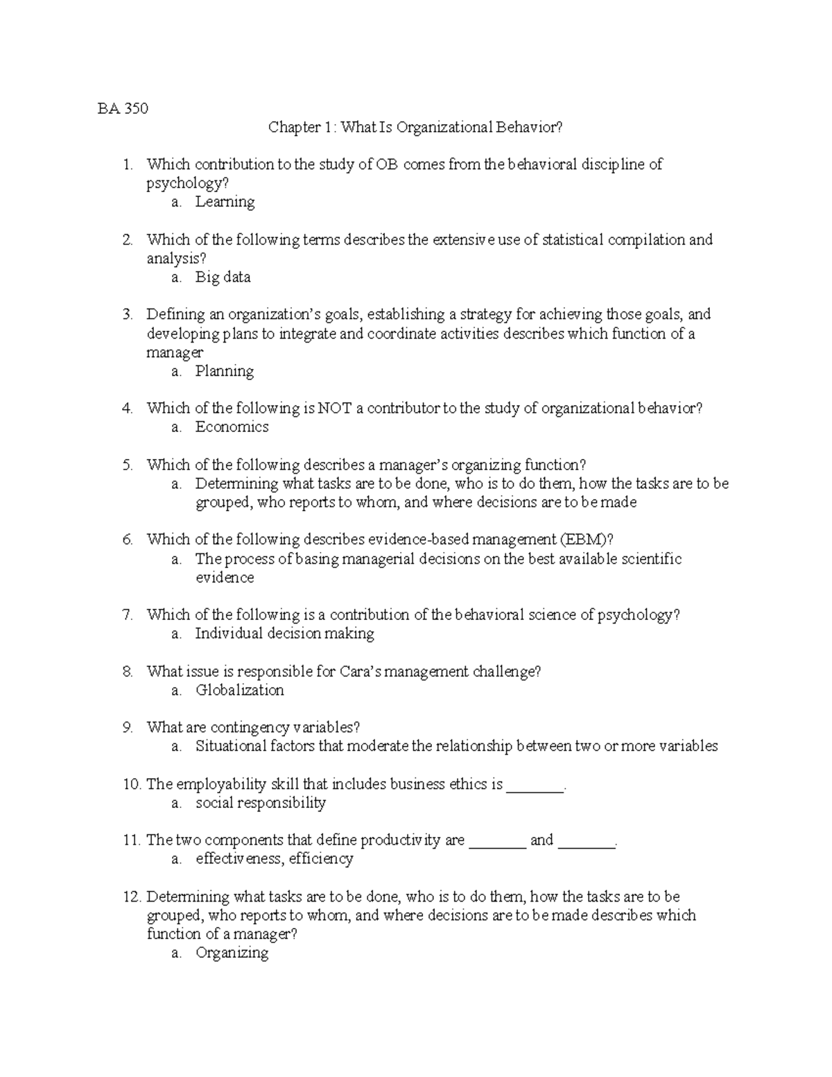 BA350 Ch1 MyManagementLab Homework - BA 350 Chapter 1: What Is ...