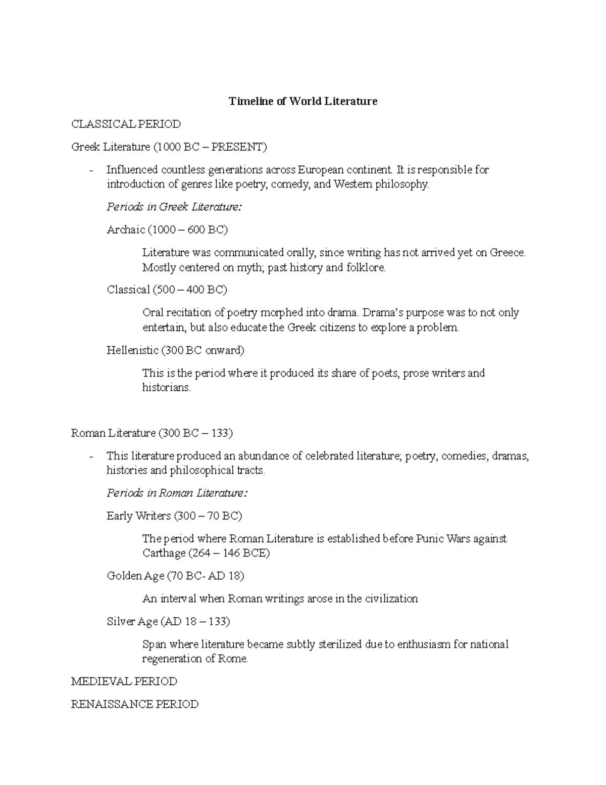 Timeline of world literature - Timeline of World Literature CLASSICAL ...