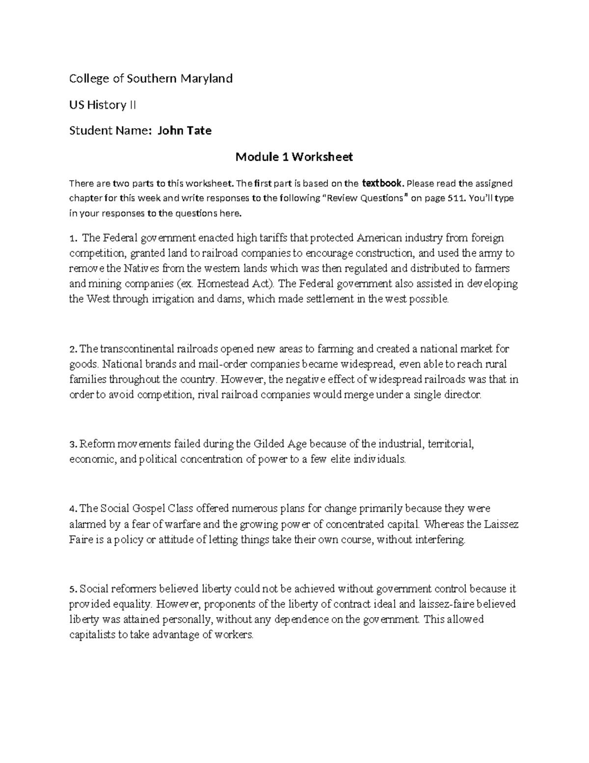 Module 1 Worksheet HST 1032 - College of Southern Maryland US History ...