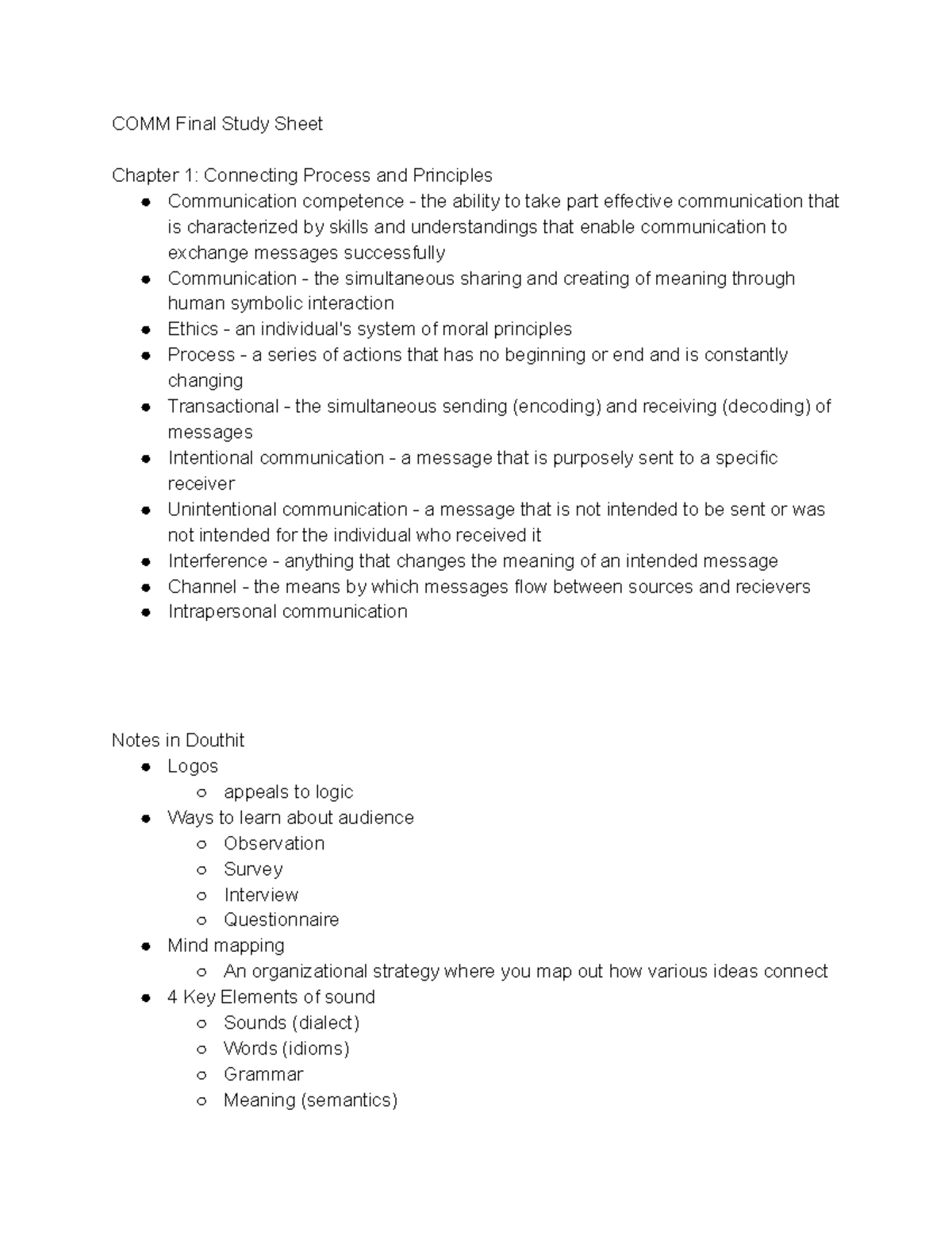 COMM Final Study Sheet - COMM Final Study Sheet Chapter 1: Connecting Process and Principles ...
