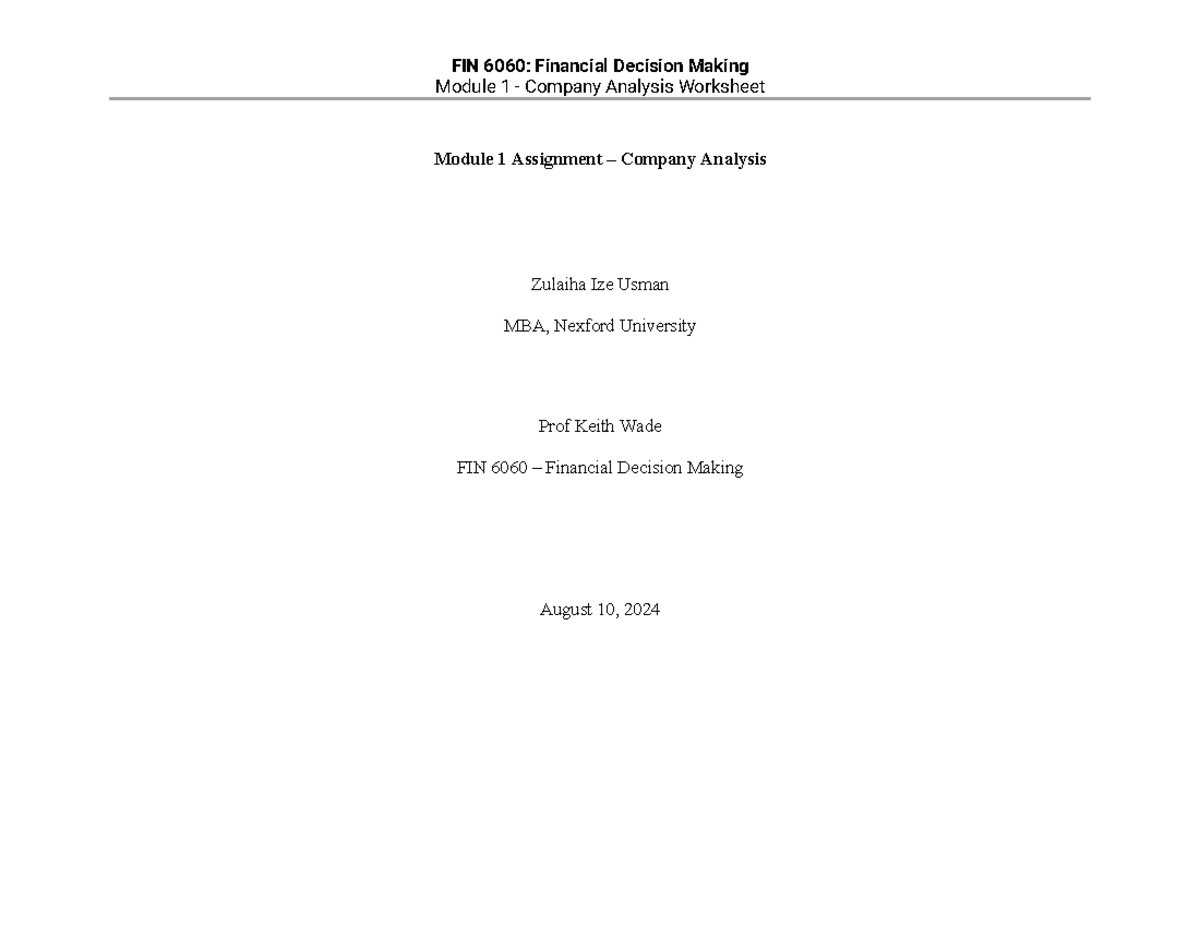 FIN 6060 Module 1 Worksheet - Module 1 - Company Analysis Worksheet ...