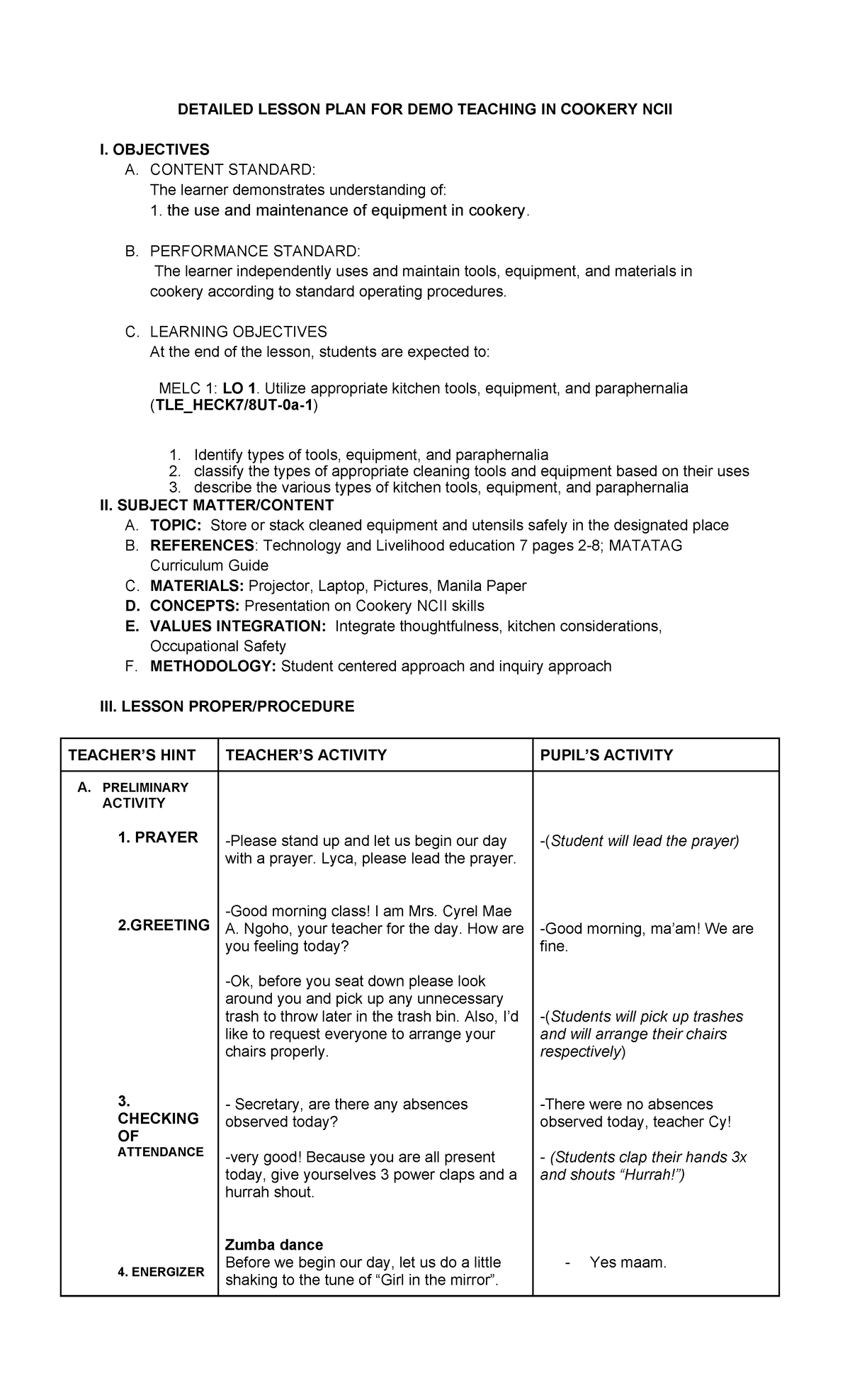 Detailed Lesson PLAN FOR DEMO Teaching IN cookery - DETAILED LESSON ...