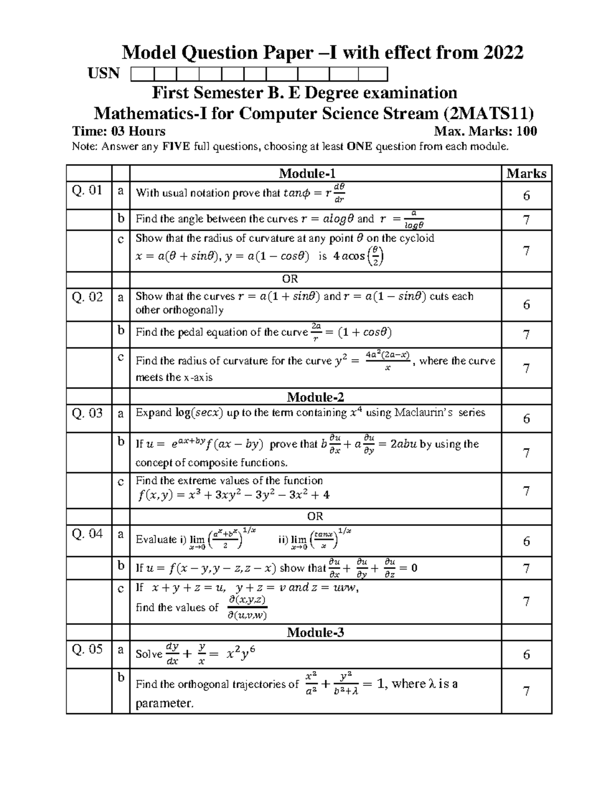 2MATS11set1 - Xyz - Model Question Paper – I with effect from 2022 USN ...
