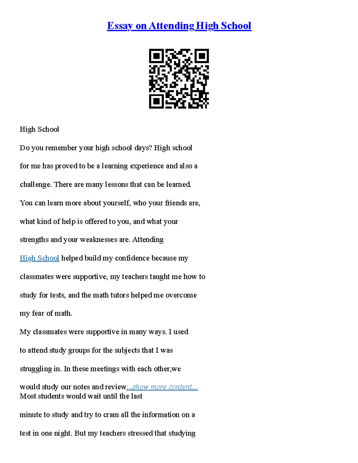 Topics Of Essays For High School Students - Essay on Attending High ...