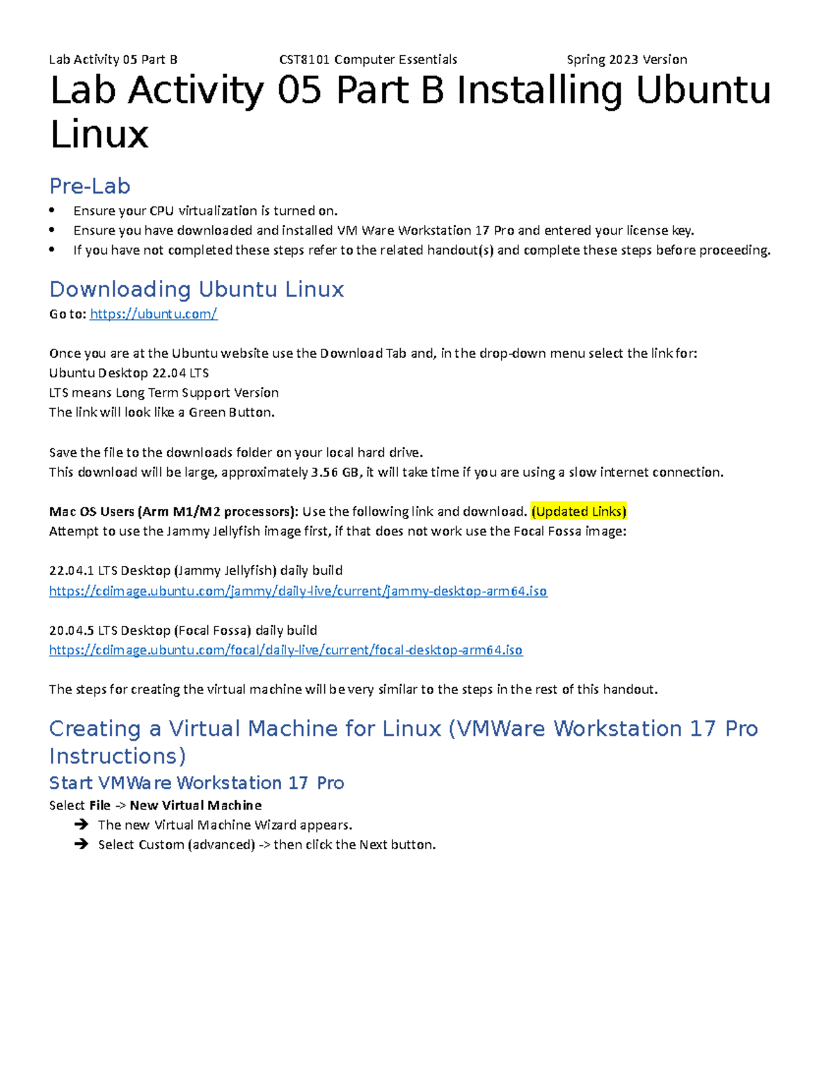 Lab Activity 05 Part B Installing Ubuntu Linux V3 - Lab Activity 05 Part B Installing Ubuntu ...