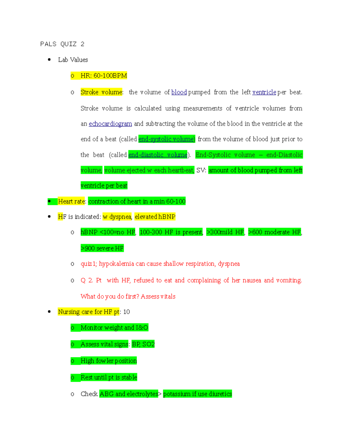 PALS QUIZ 2 - Pals stAudy guide - PALS QUIZ 2 Lab Values o HR: 60 ...