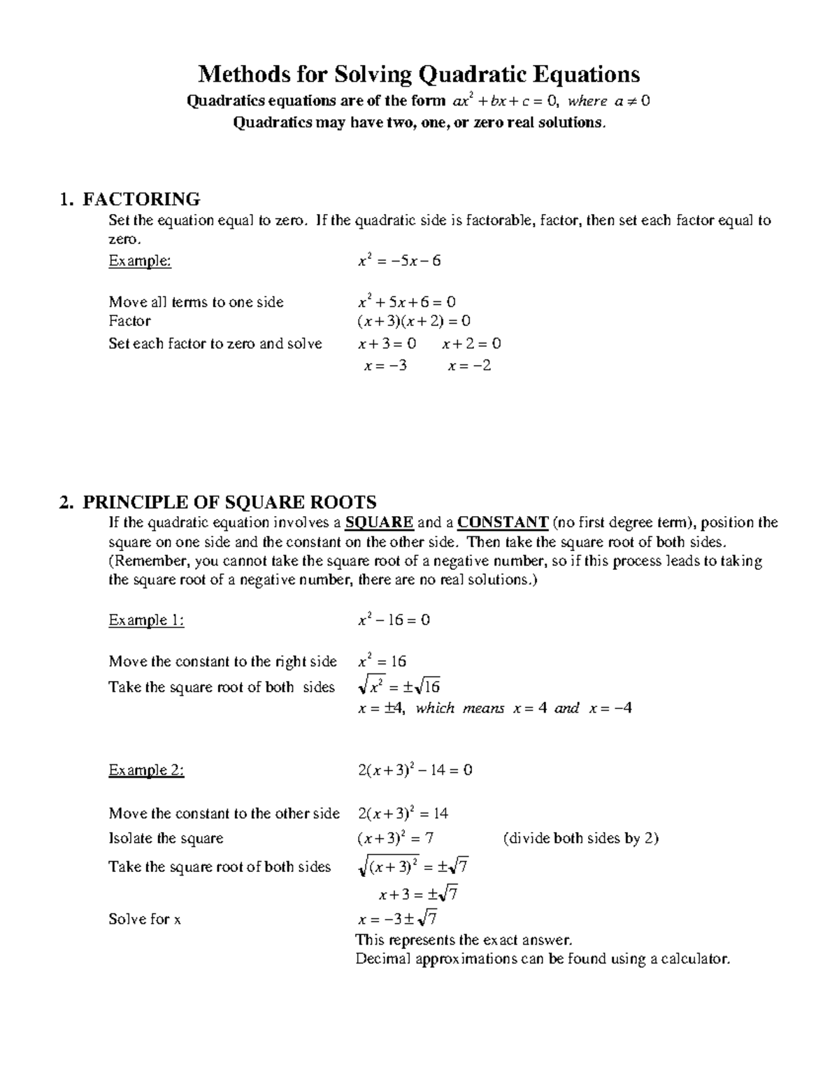 WEEK 1). quadratic equations methods - Methods for Solving Quadratic ...