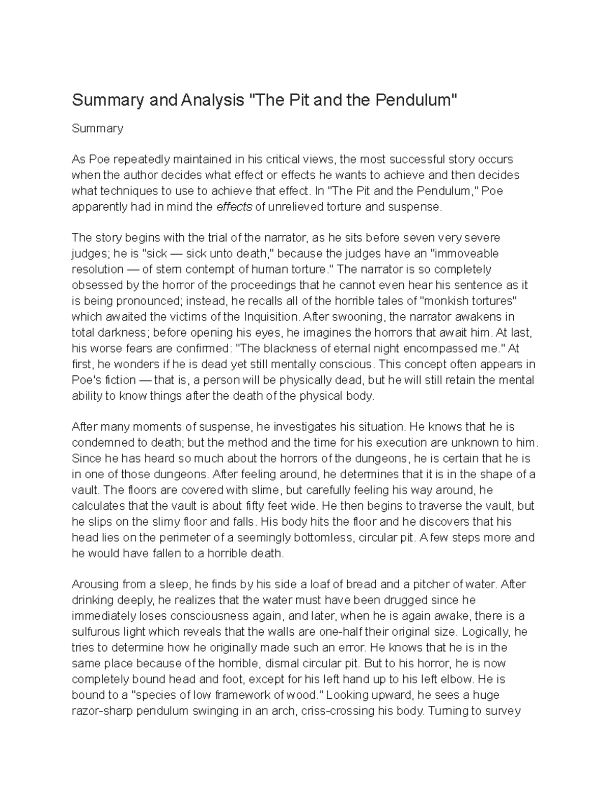 Summary and Analysis "The Pit and the Pendulum" - Summary and Analysis ...