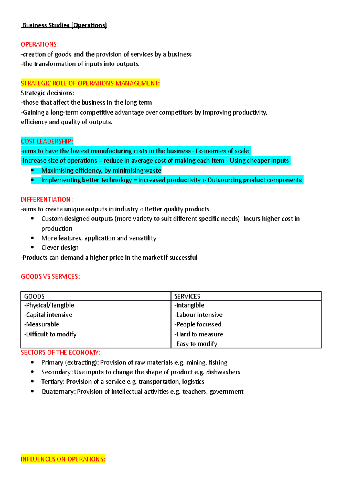 Business operations notes - Business Studies (Operations) OPERATIONS ...