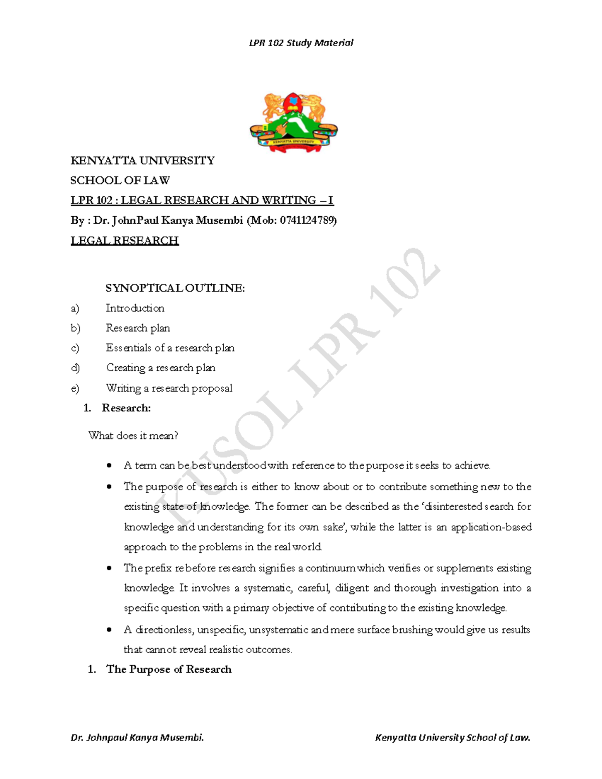 Lpr 102 notes - KENYATTA UNIVERSITY SCHOOL OF LAW LPR 102 : LEGAL ...