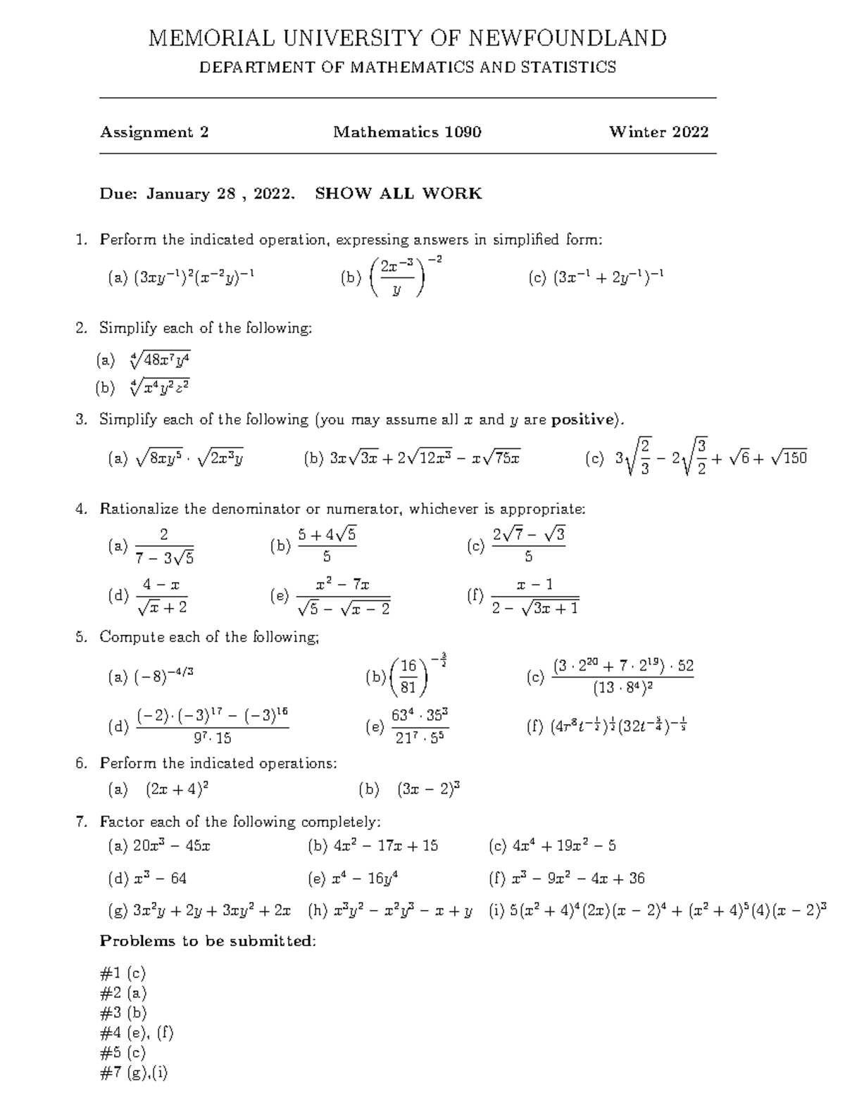 Assn2W22- second math assignment for math 1090 - MEMORIAL UNIVERSITY OF NEWFOUNDLAND DEPARTMENT ...