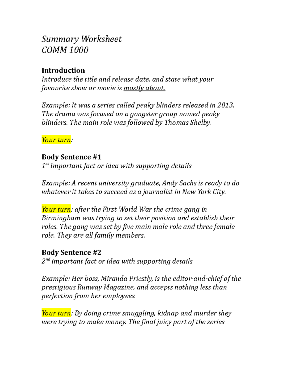 Activity - Summaries - tutorial work - Summary Worksheet COMM 1000 ...