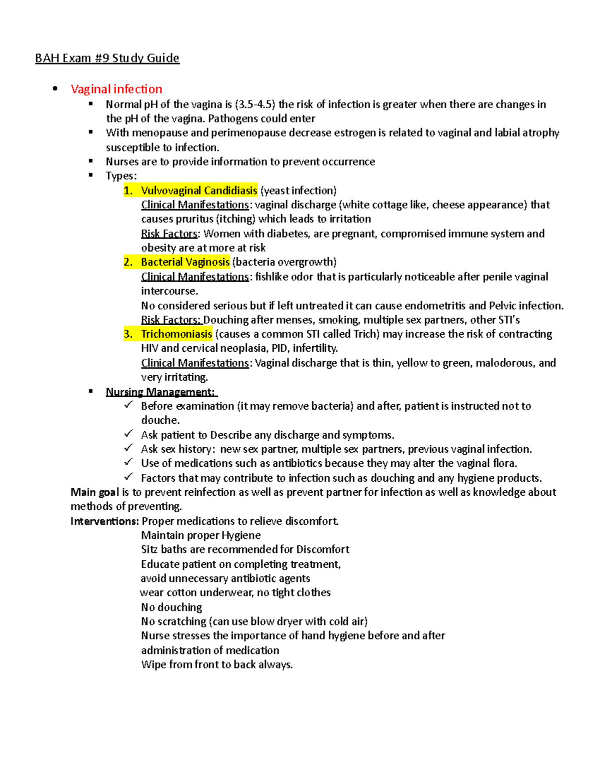 BAH Exam 9 study guide 2 - BAH Exam #9 Study Guide Vaginal infection ...