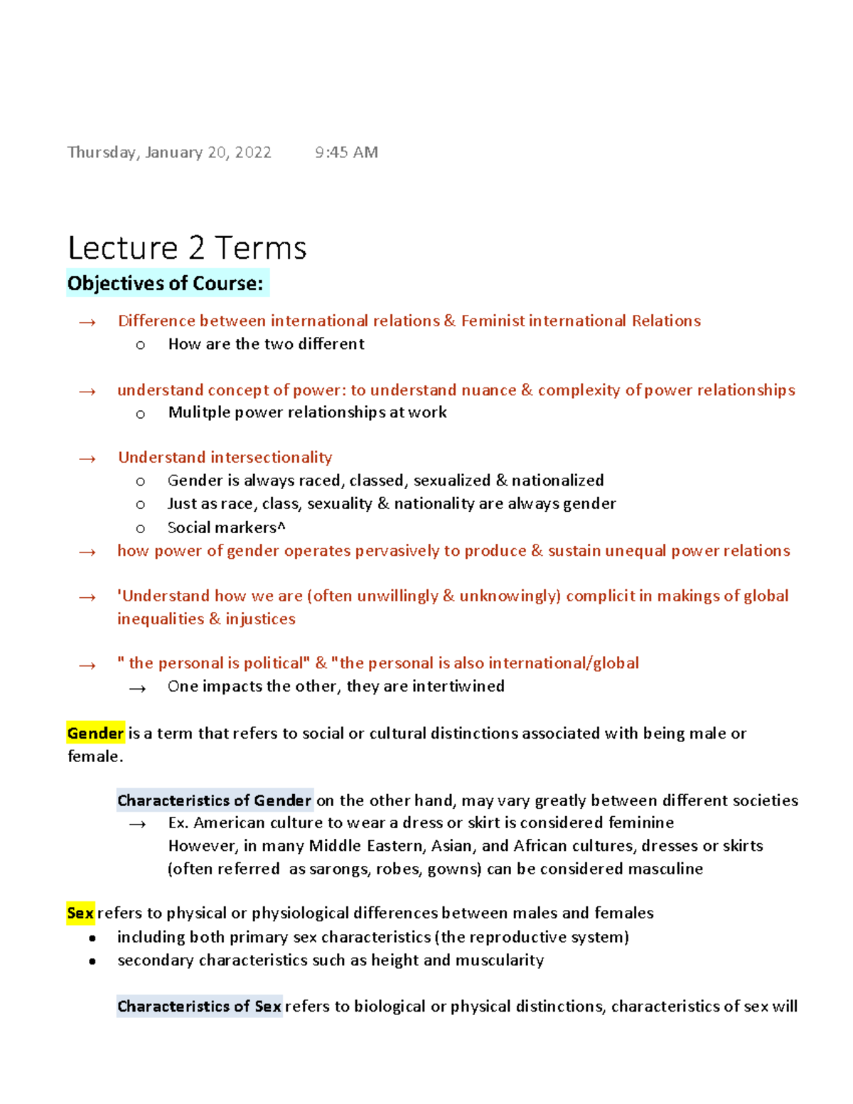 Lecture 2 Terms Objectives Of Course Gender And Sex Difference 0848