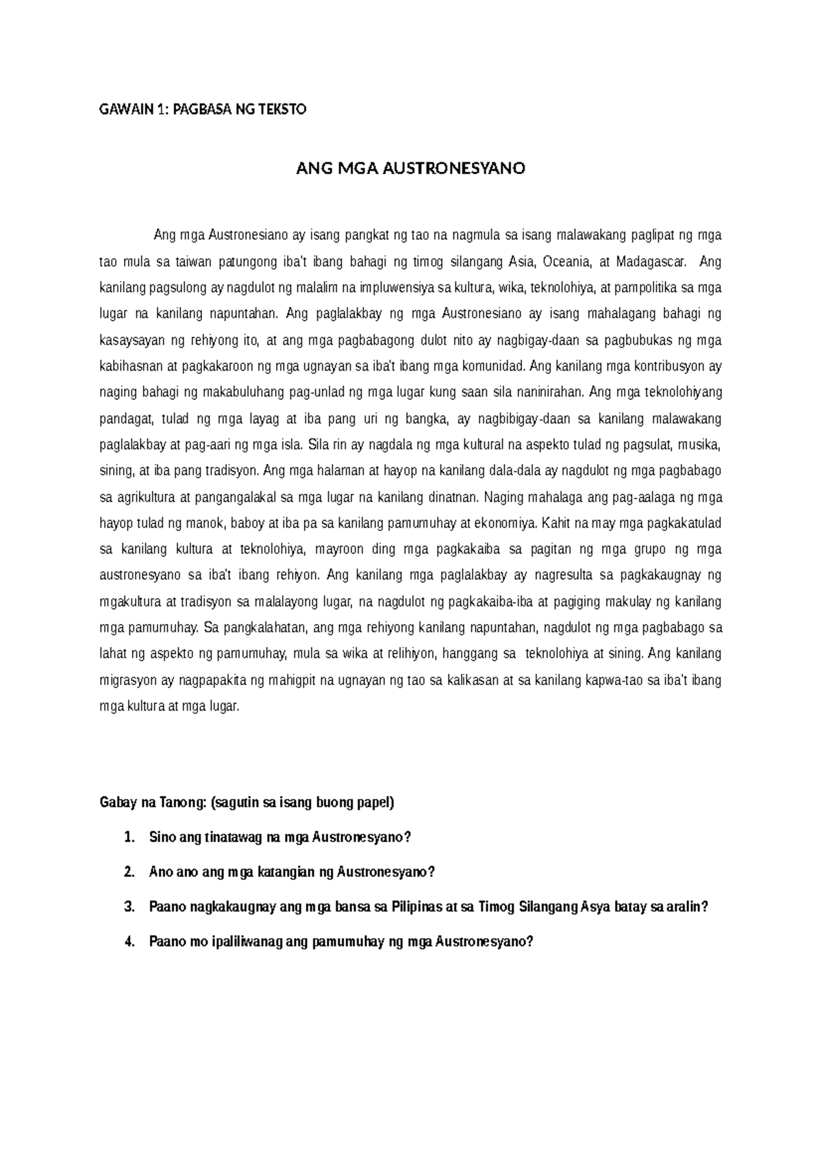 Gawain 1 - GAWAIN 1: PAGBASA NG TEKSTO ANG MGA AUSTRONESYANO Ang mga ...