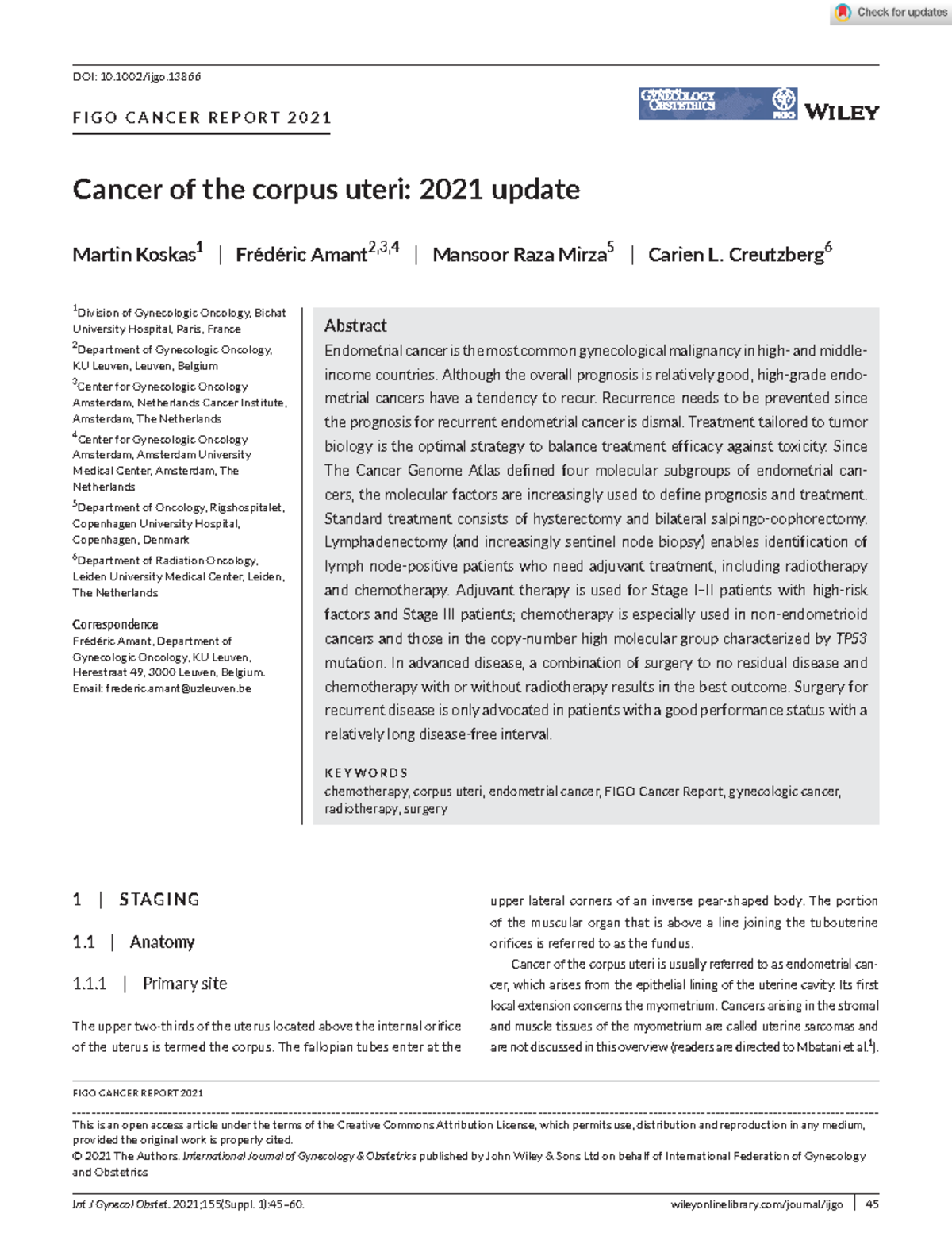 Intl J Gynecology Obste - 2021 - Koskas - Cancer of the corpus uteri ...