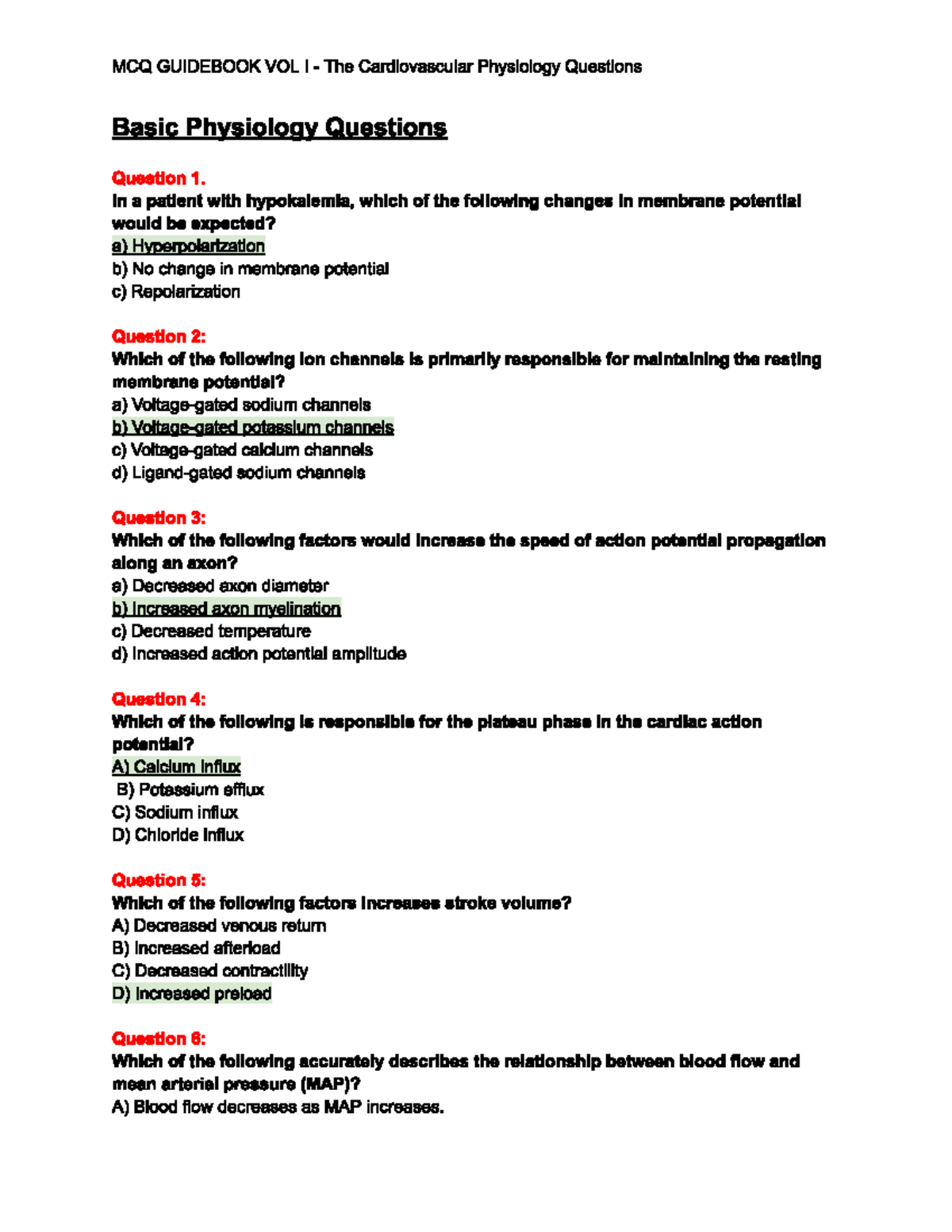 MCQ Guidebook VOL I - The Cardiovascular Physiology Questions - MCQ ...