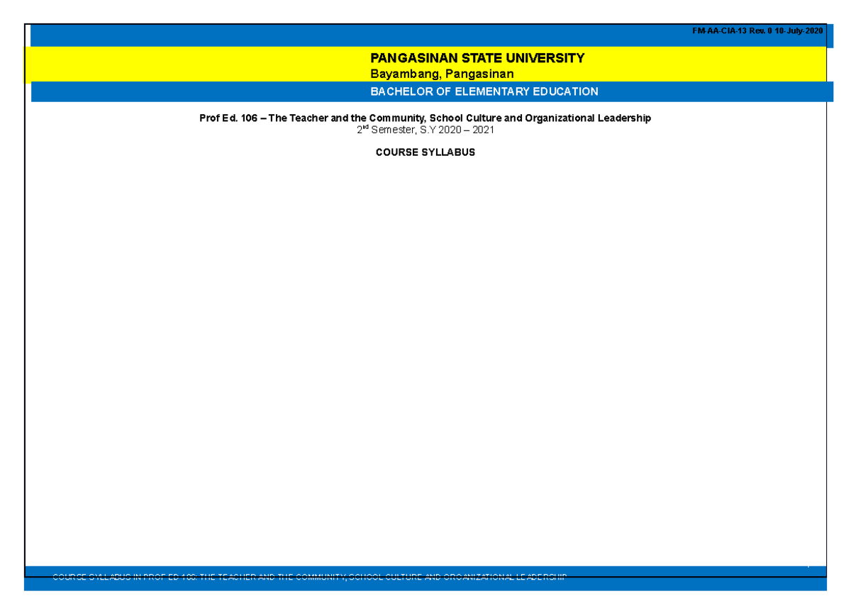 PROF ED 106 Syllabus BEED101 - FM-AA-CIA-13 Rev. 0 10-July- COURSE ...