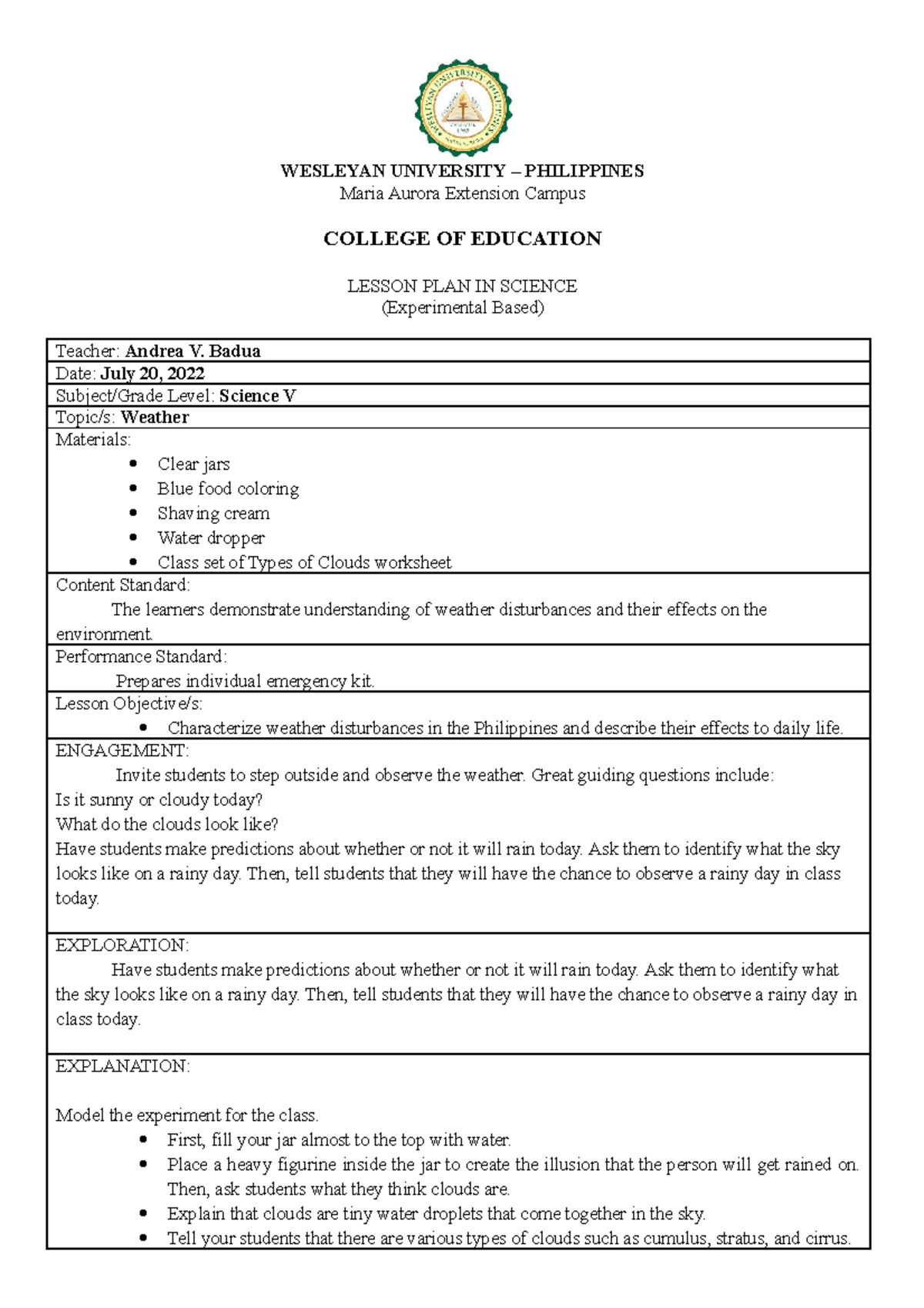 SCI LP Experimental 1 - Table of Specification in Teaching science in ...