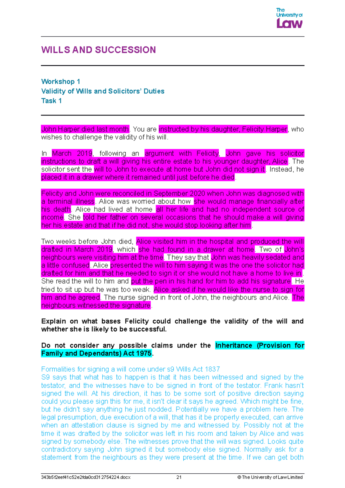 WS1 Task 1 - WS1 - WILLS AND SUCCESSION Workshop 1 Validity of Wills ...