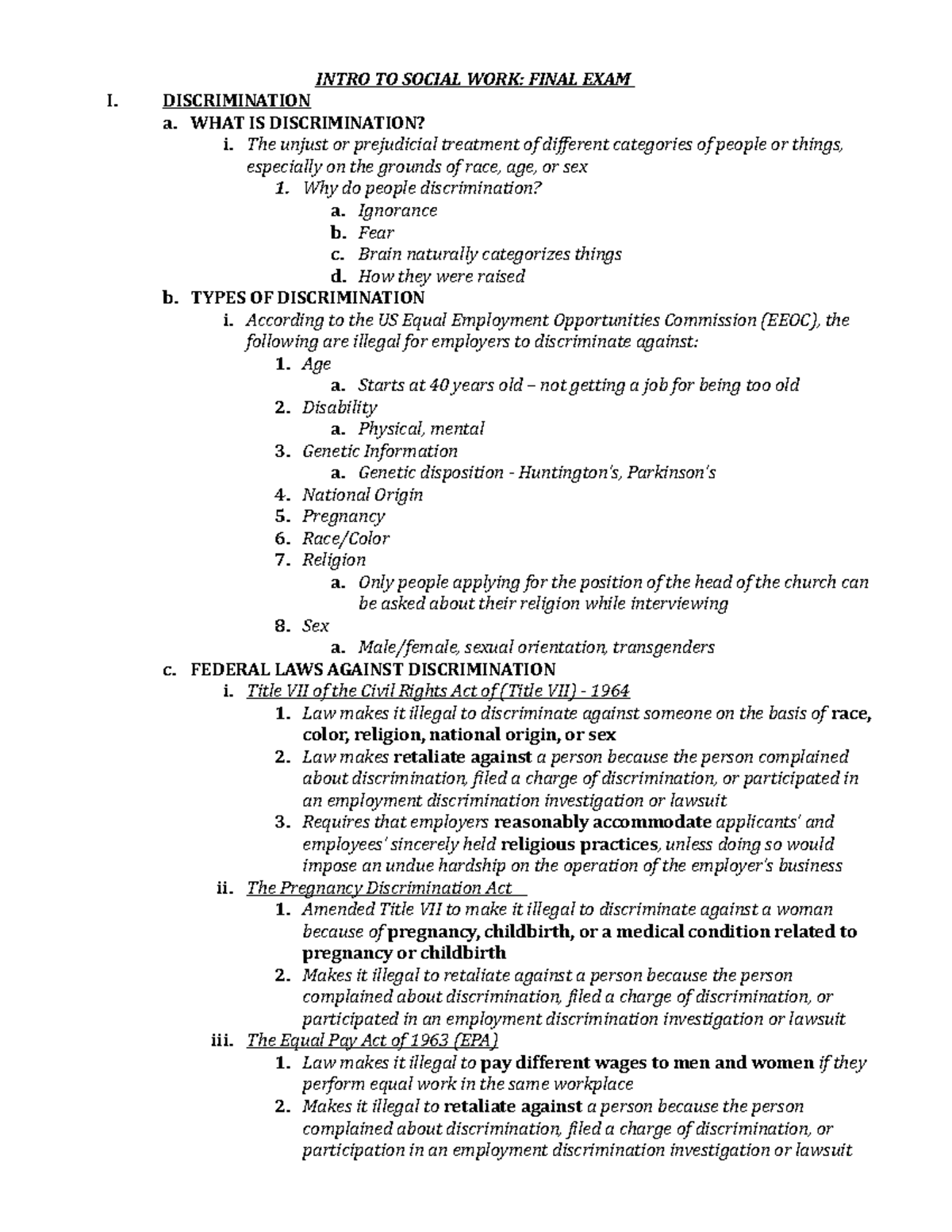 Social WORK Final EXAM Notes - INTRO TO SOCIAL WORK: FINAL EXAM I ...