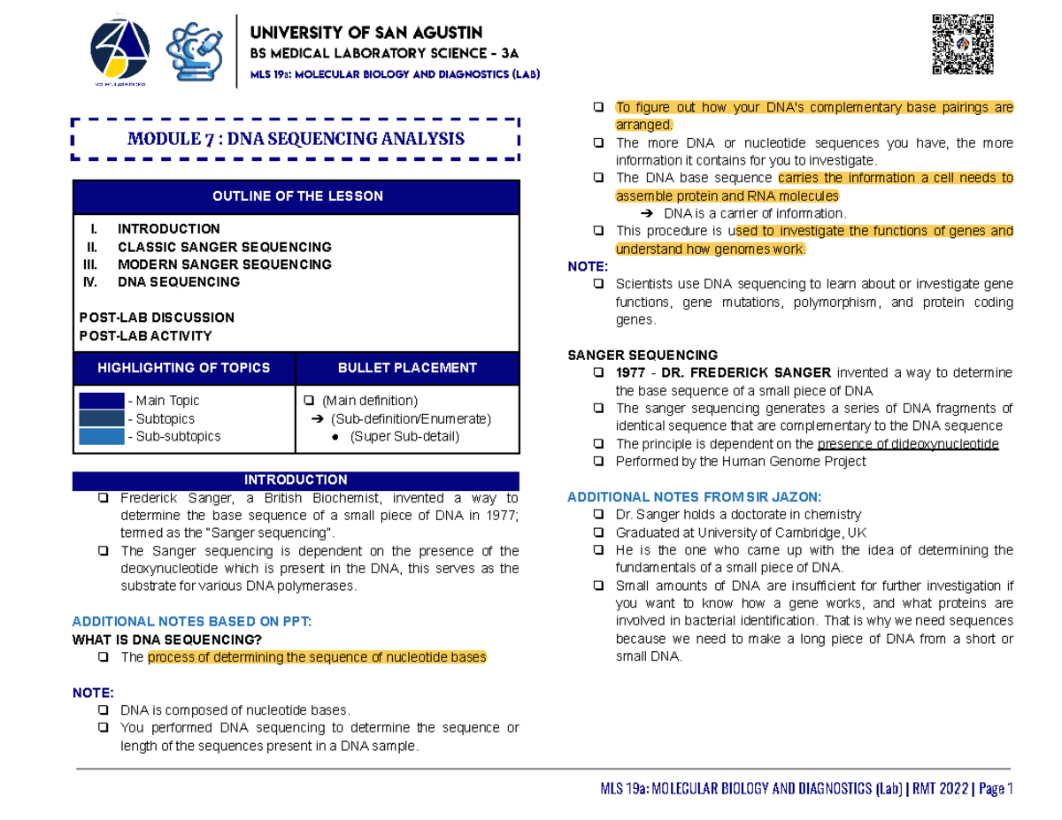 Molbio-LAB- Module 7 - MODULE 7 : DNA SEQUENCING ANALYSIS OUTLINE OF ...