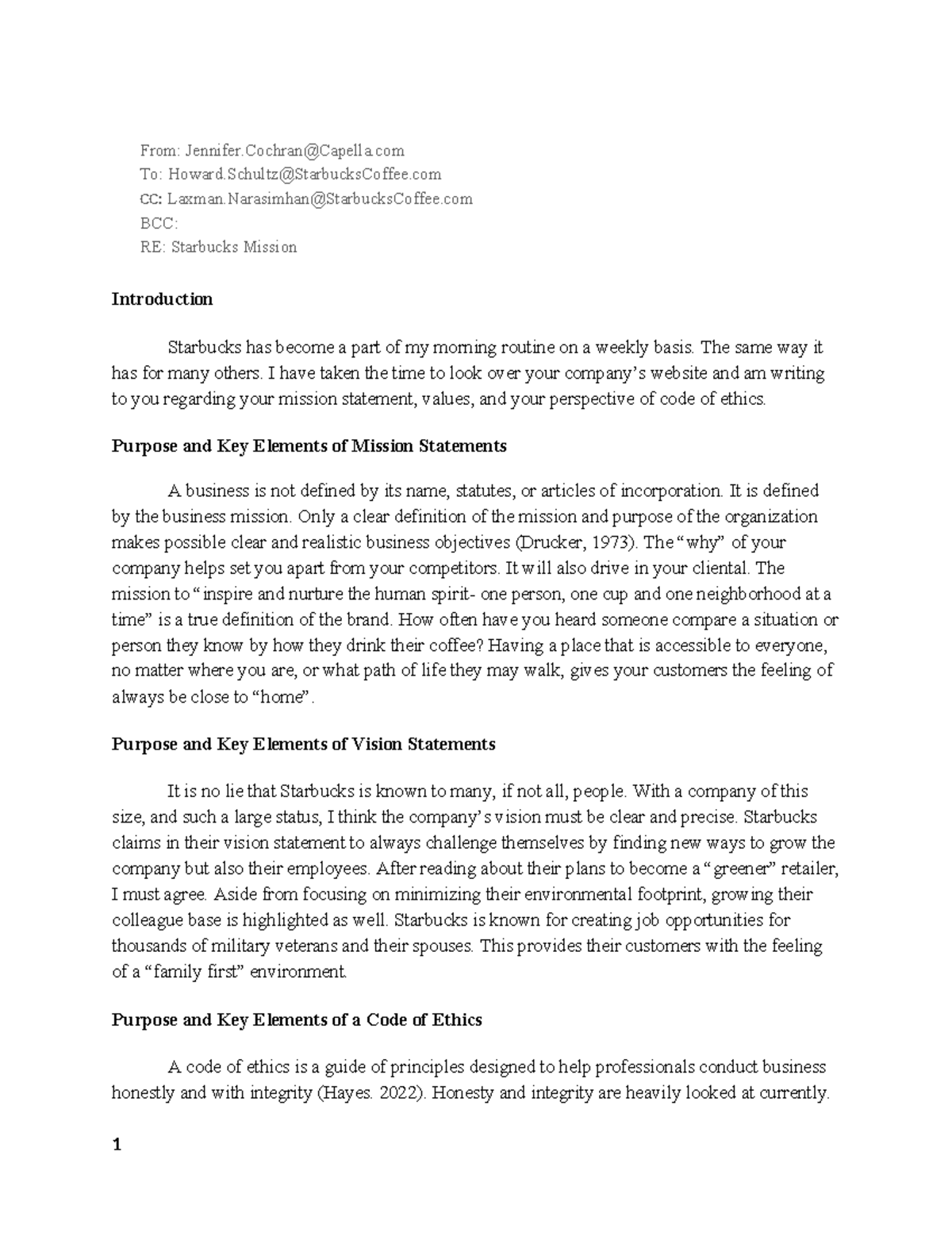 Week4 Assignment - From: Jennifer@Capella To: Howard@StarbucksCoffee CC ...