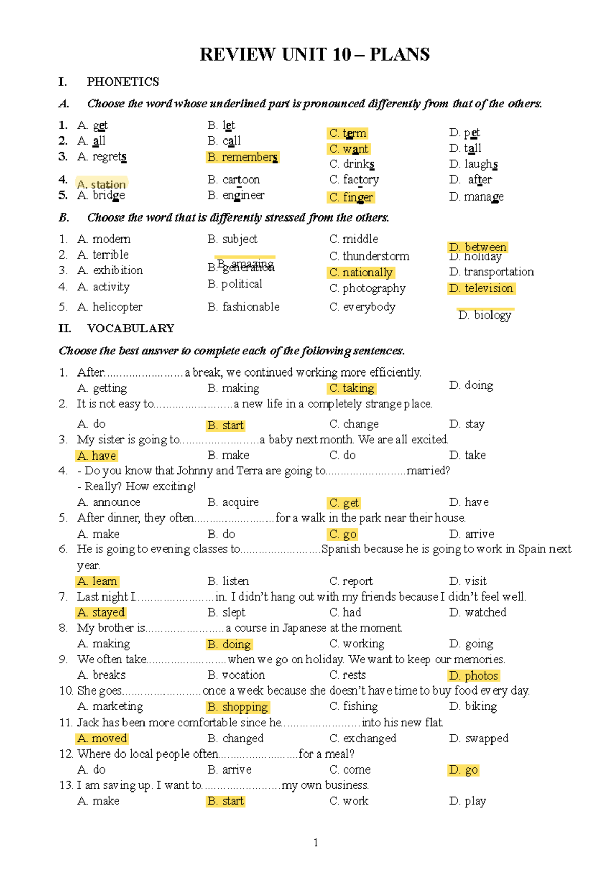 Review Unit 10 (corrected)-đã chuyển đổi - 1 A. sta t ion I. PHONETICS ...