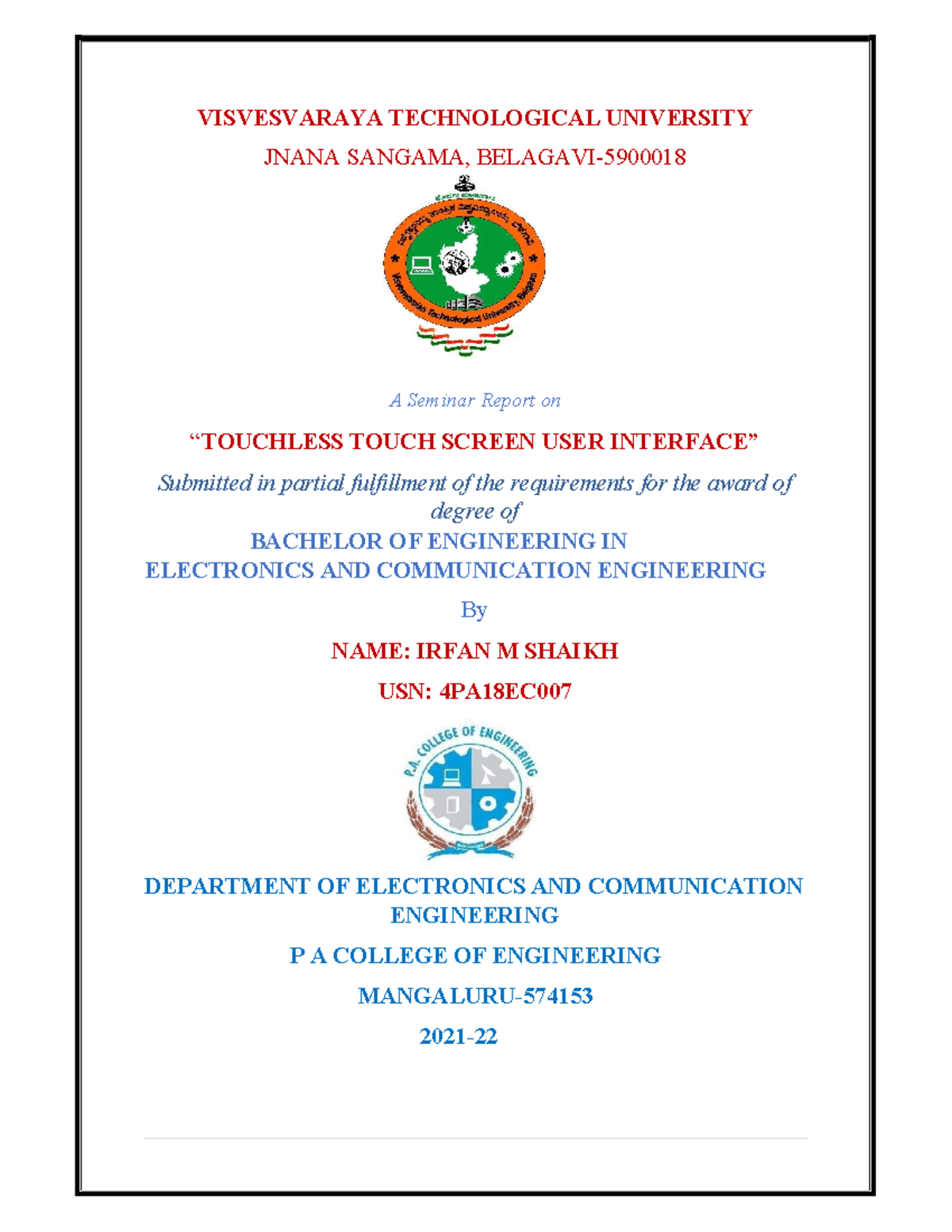 Irfan finall year - VISVESVARAYA TECHNOLOGICAL UNIVERSITY JNANA SANGAMA ...
