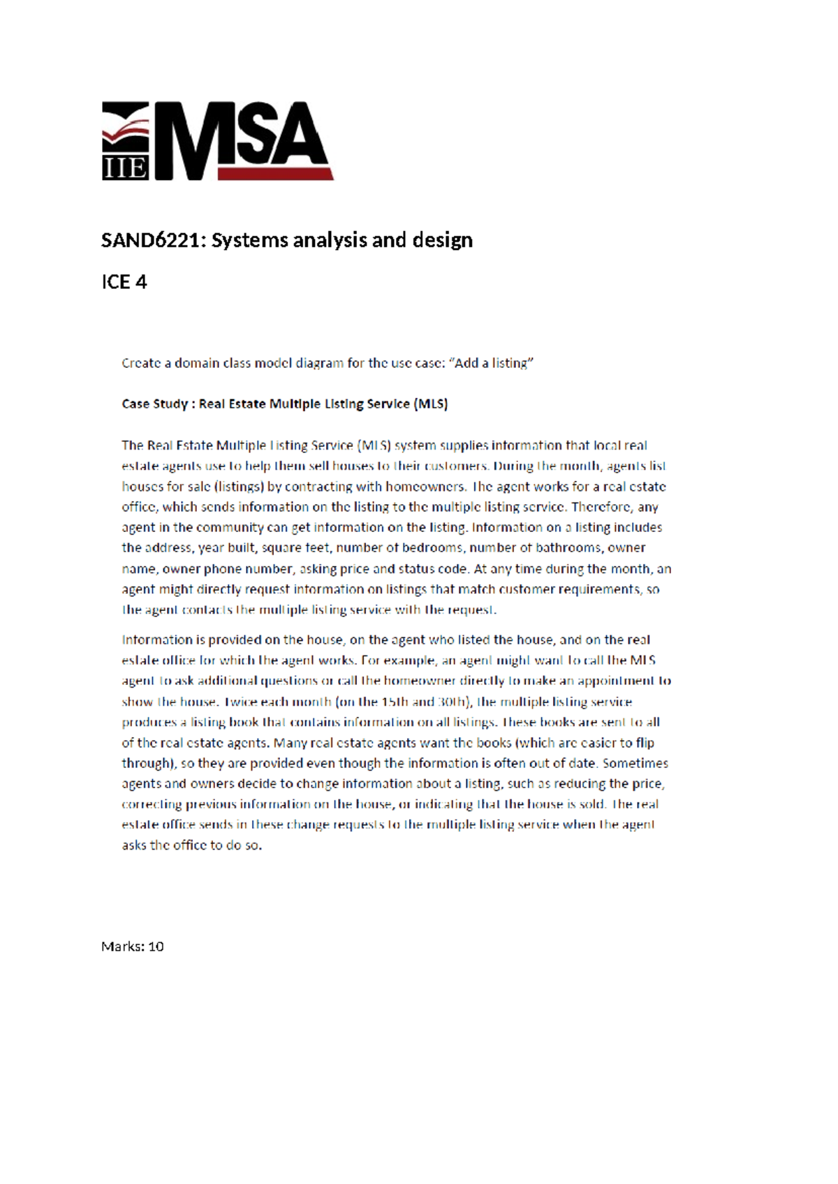 2024 ICE 4 - practise example - BCPS6212 - SAND6221: Systems analysis and design ICE 4 Marks: 10 ...