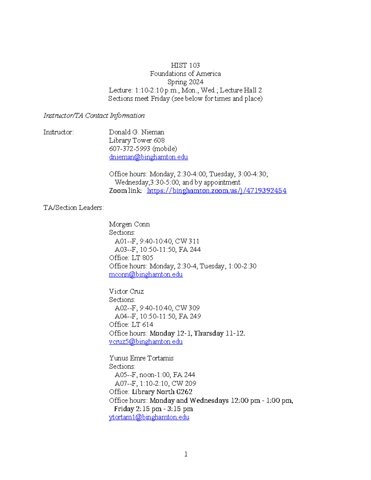 Syllabus HIST 103 - HIST 103 Foundations of America Spring 2024 Lecture: 1:10-2:10 p., Mon., Wed ...