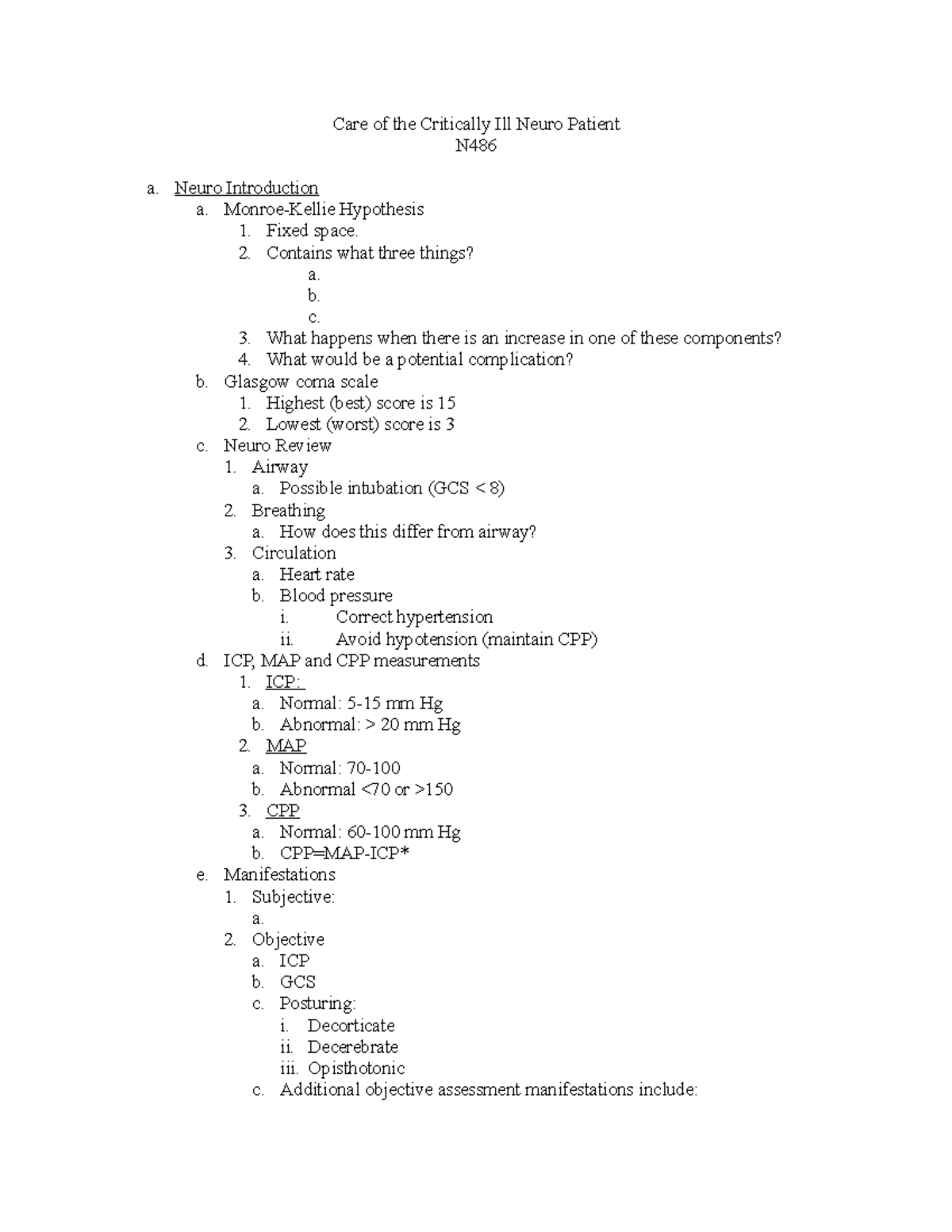 Neuro Outline FAll 2023-update - Care of the Critically Ill Neuro ...