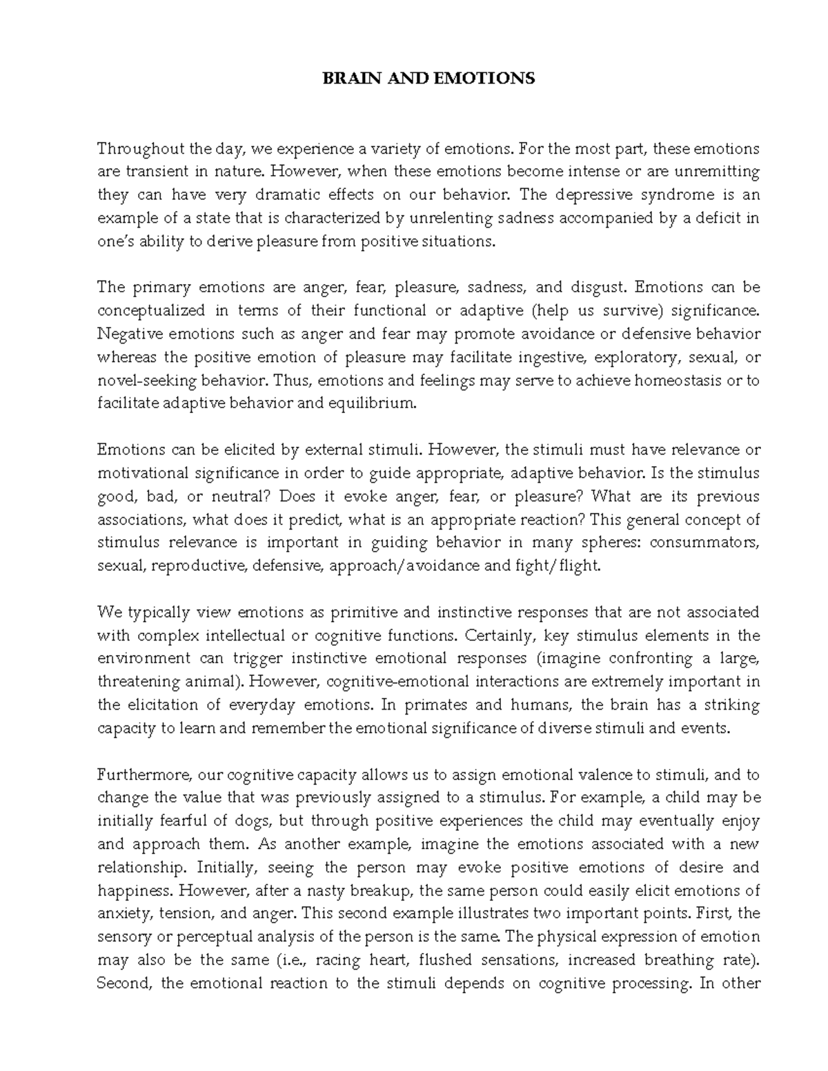 Brain And Emotions Summary Bsc Psychology Brain And Emotions