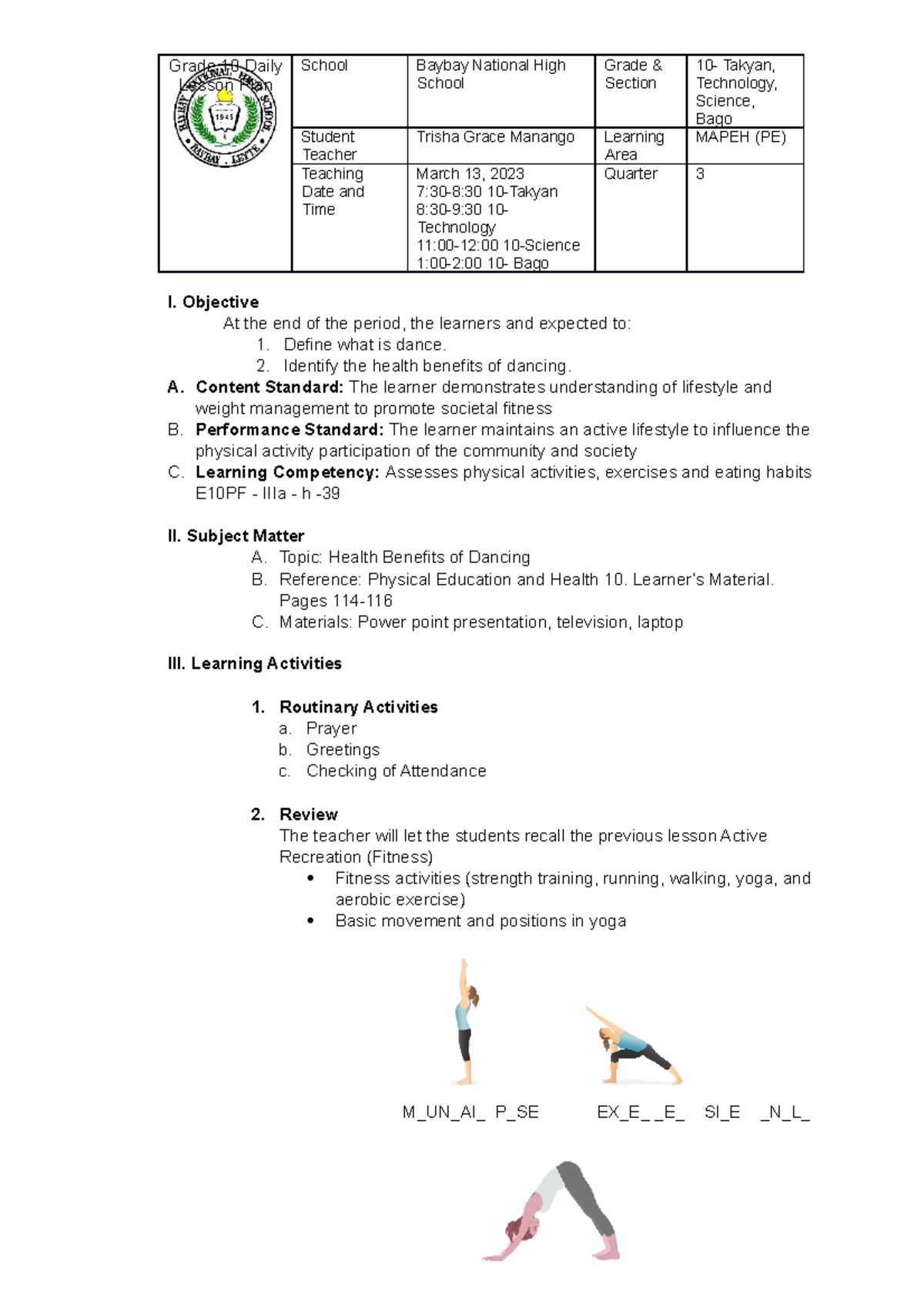 PE1 LP - lesson plan - Grade 10 Daily Lesson Plan School Baybay ...