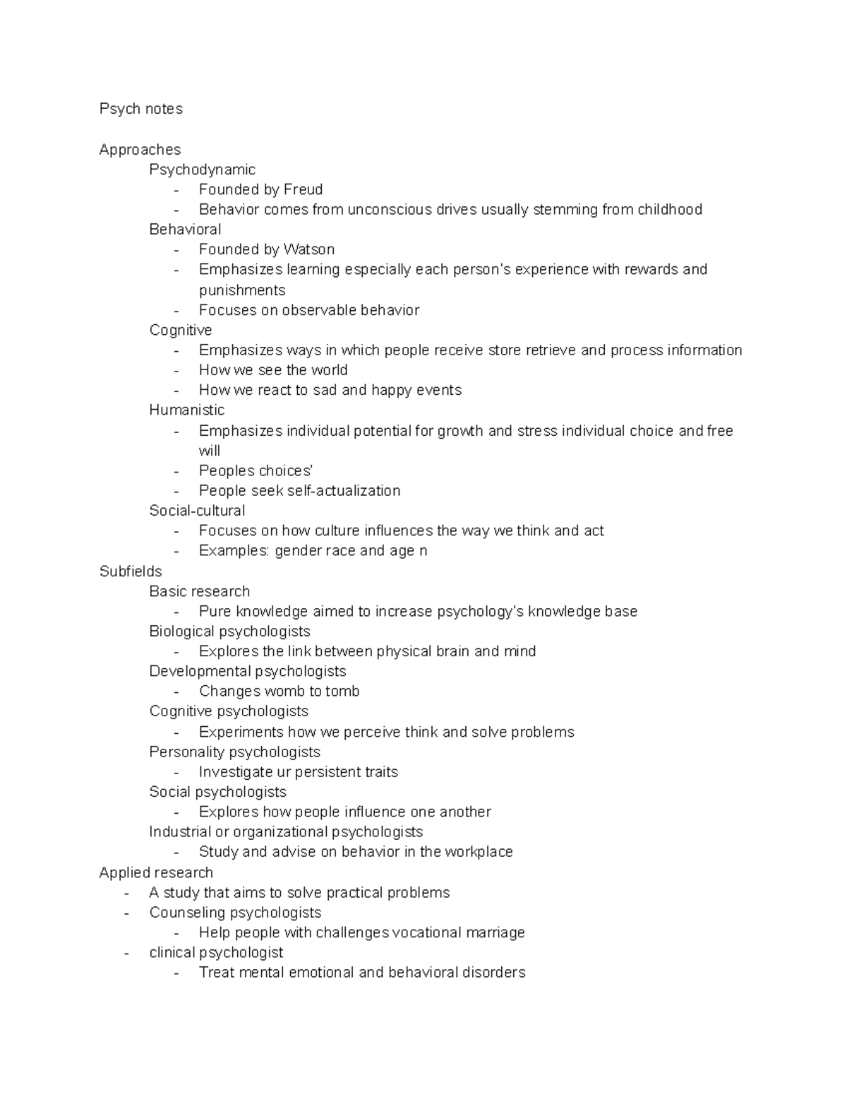 Psych notes - Psych notes Approaches Psychodynamic - Founded by Freud ...